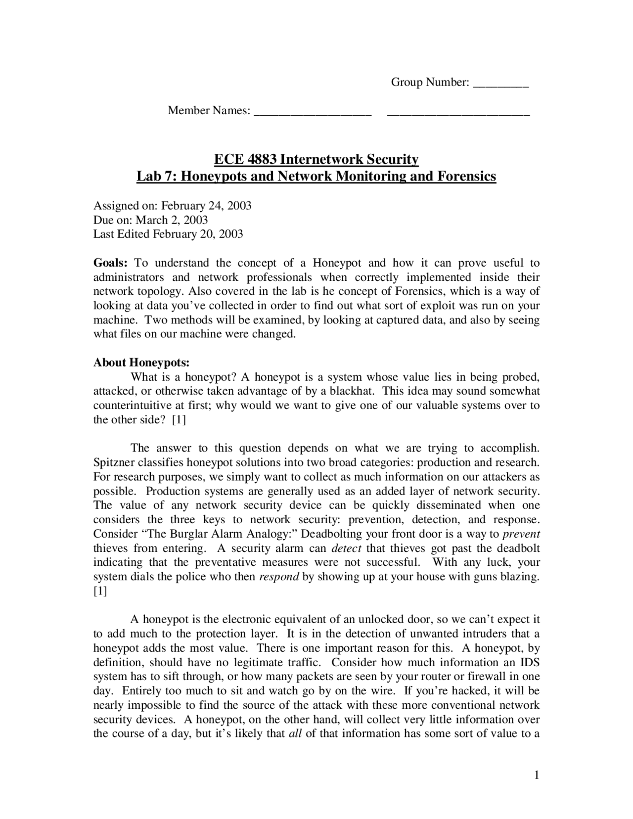 Lab 7: Honeypots and Network Monitoring and Forensics | ECE 4112 - Docsity