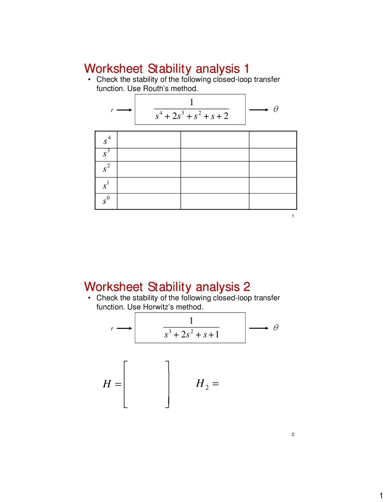 Worksheet Stability Analysis 1 - System Dynamics and Control | ME 3015 - Docsity