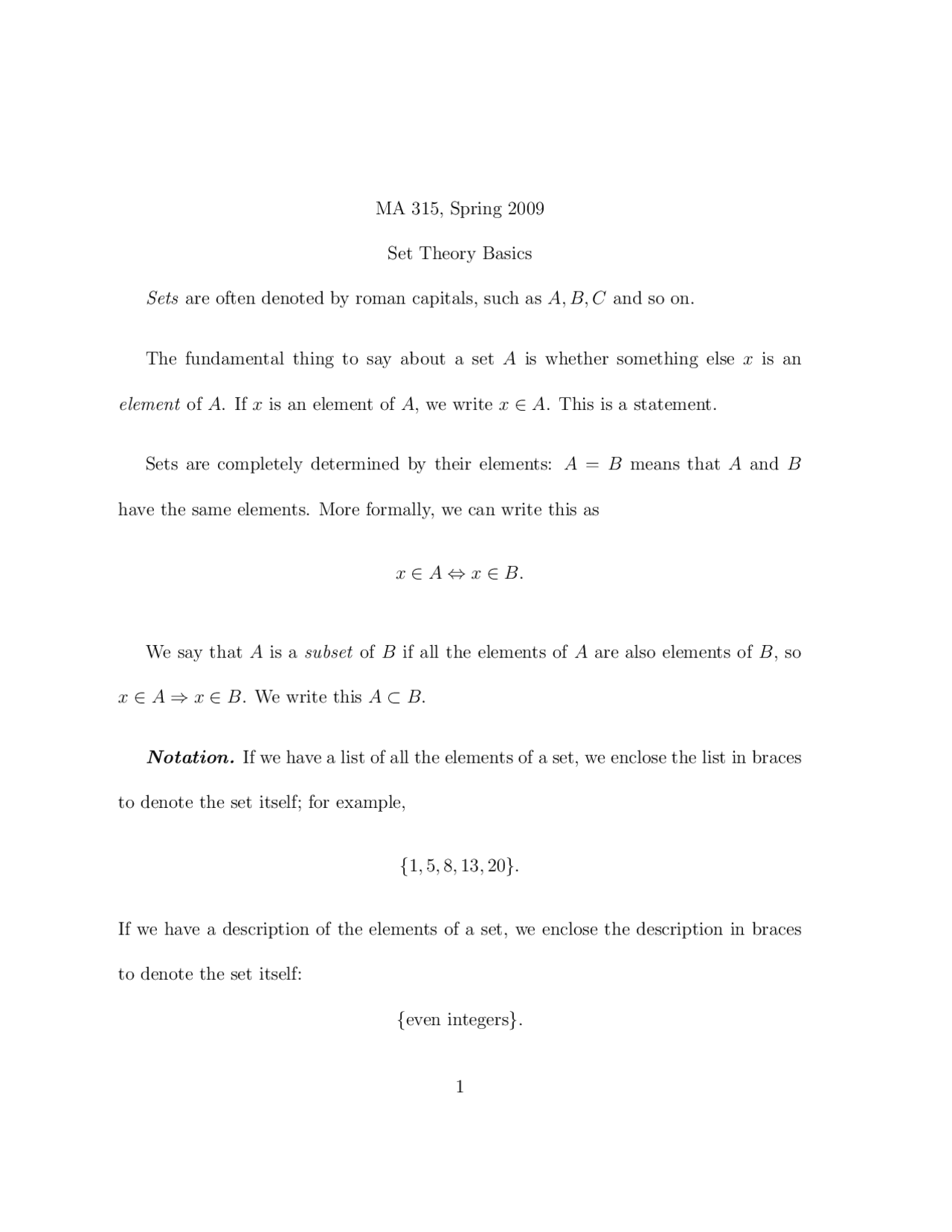 Notes On Set Theory Basics Introduction To Abstract Mathematics Ma 315 Docsity