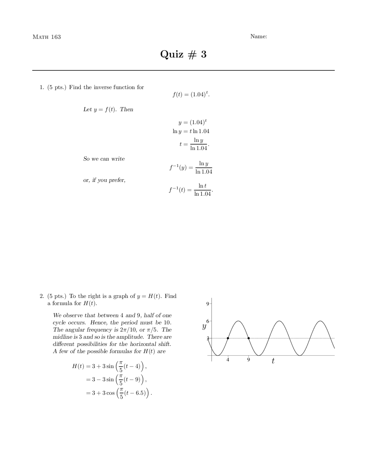Solutions To Quiz 3 Integrated Calculus Analysis Geometry I Ma 163