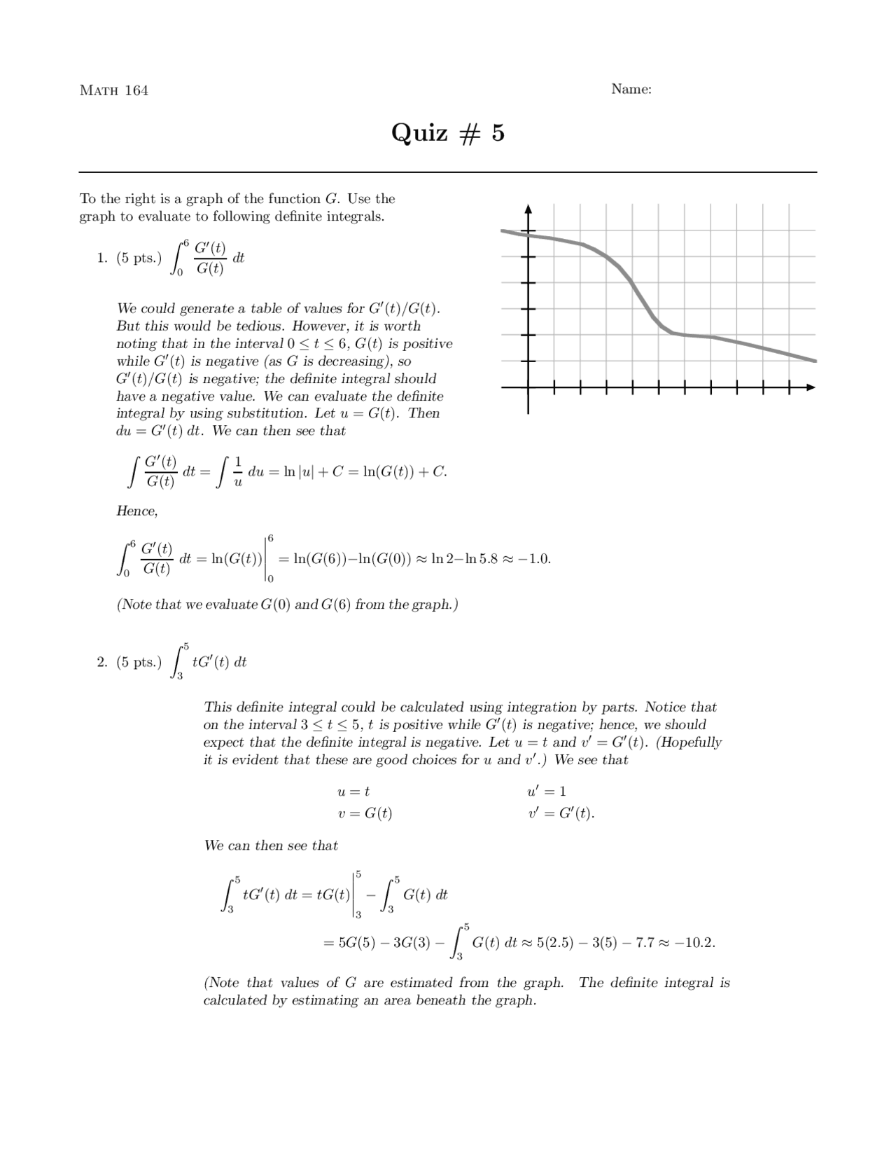 Test 5 Solutions Integrated Calculus Analysis Geometry I Ma 164