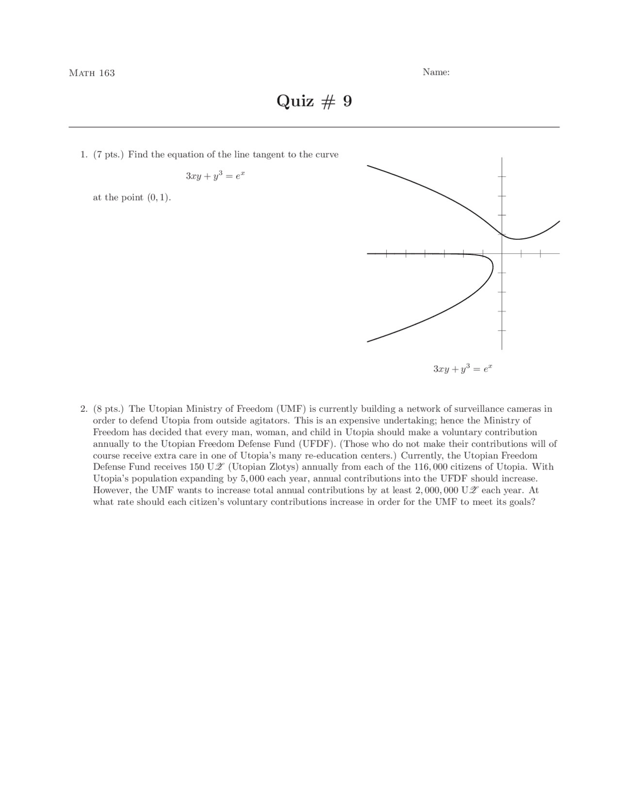 Quiz 9 Problems Integrated Calculus Analysis Geometry I Ma 163