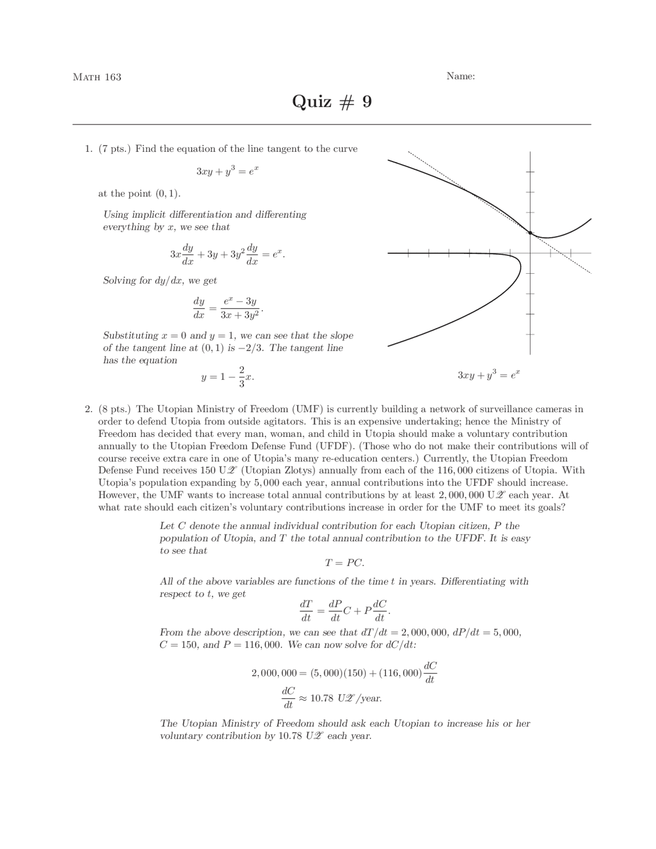 Sample Quiz 9 Integrated Calculus Analysis Geometry I Ma 163 Docsity