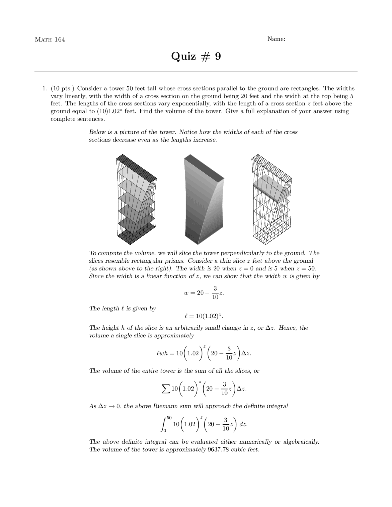 Solved Quiz 9 Integrated Calculus Analysis Geometry I Ma 164 Docsity