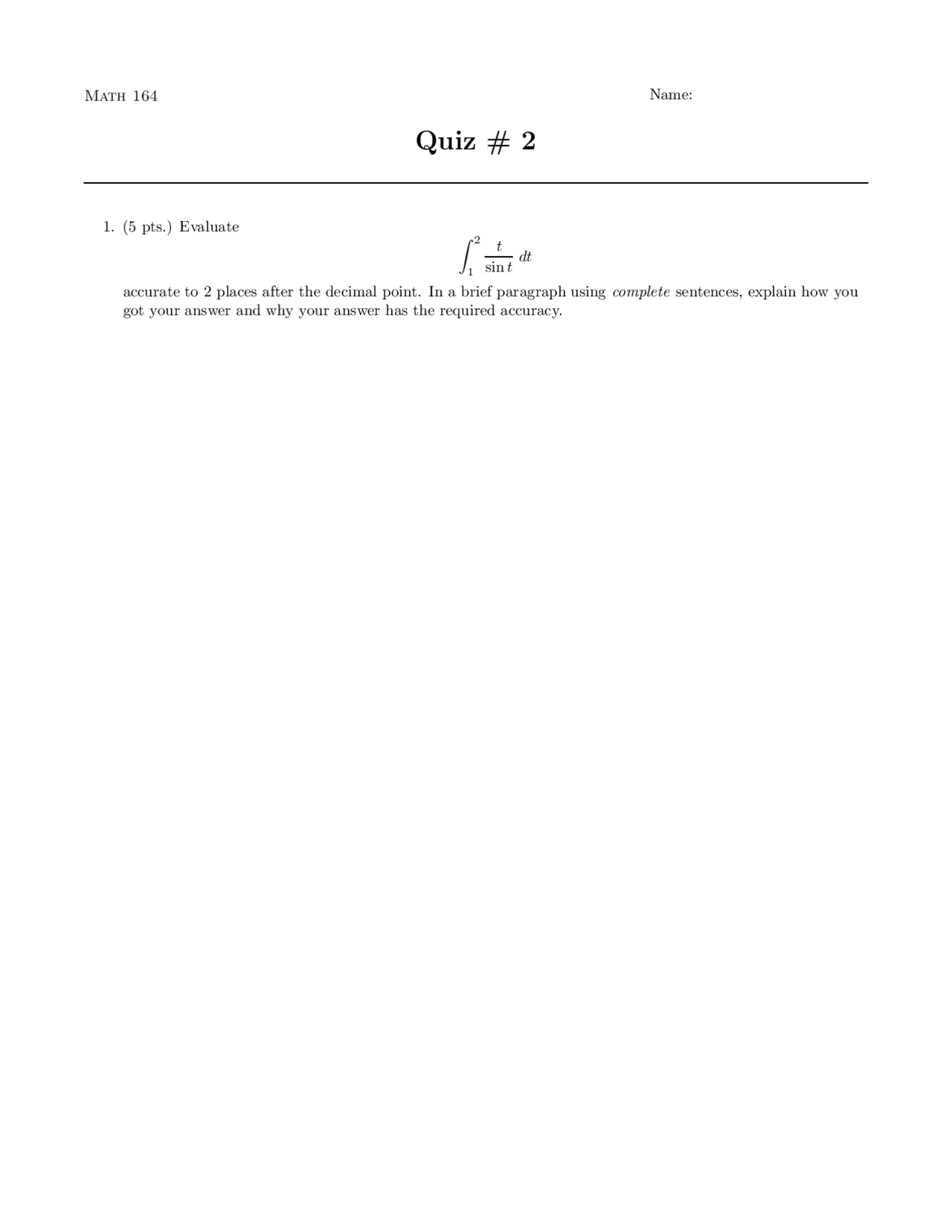 Integrated Calculus Analysis Geometry Quiz 2 Problems Ma 164 Docsity