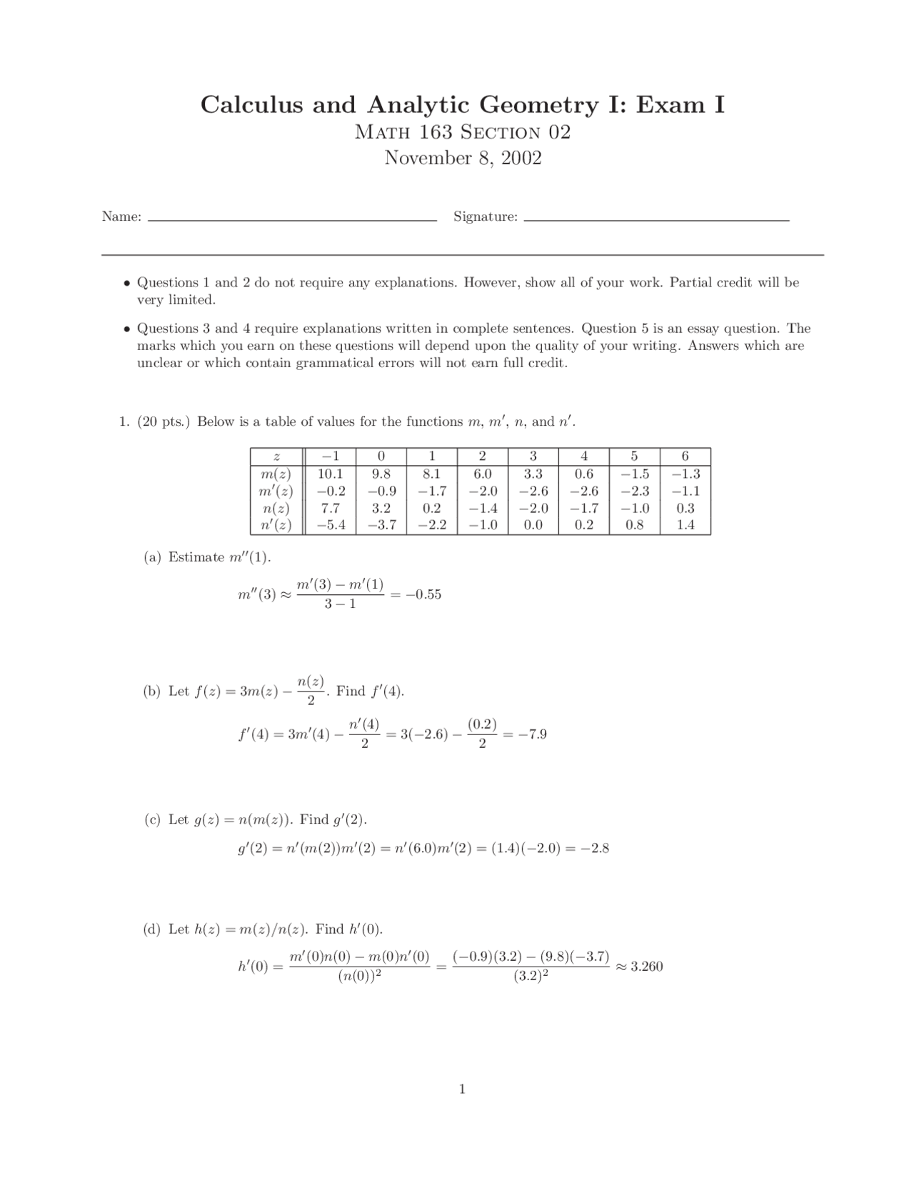 Calculate The Analytical Geometry I Exam 1 Ma 163 Docsity