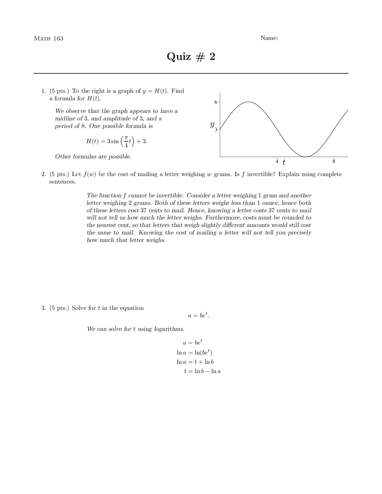 Solved Quiz 2 Integrated Calculus Analysis Geometry I Ma 163 Docsity