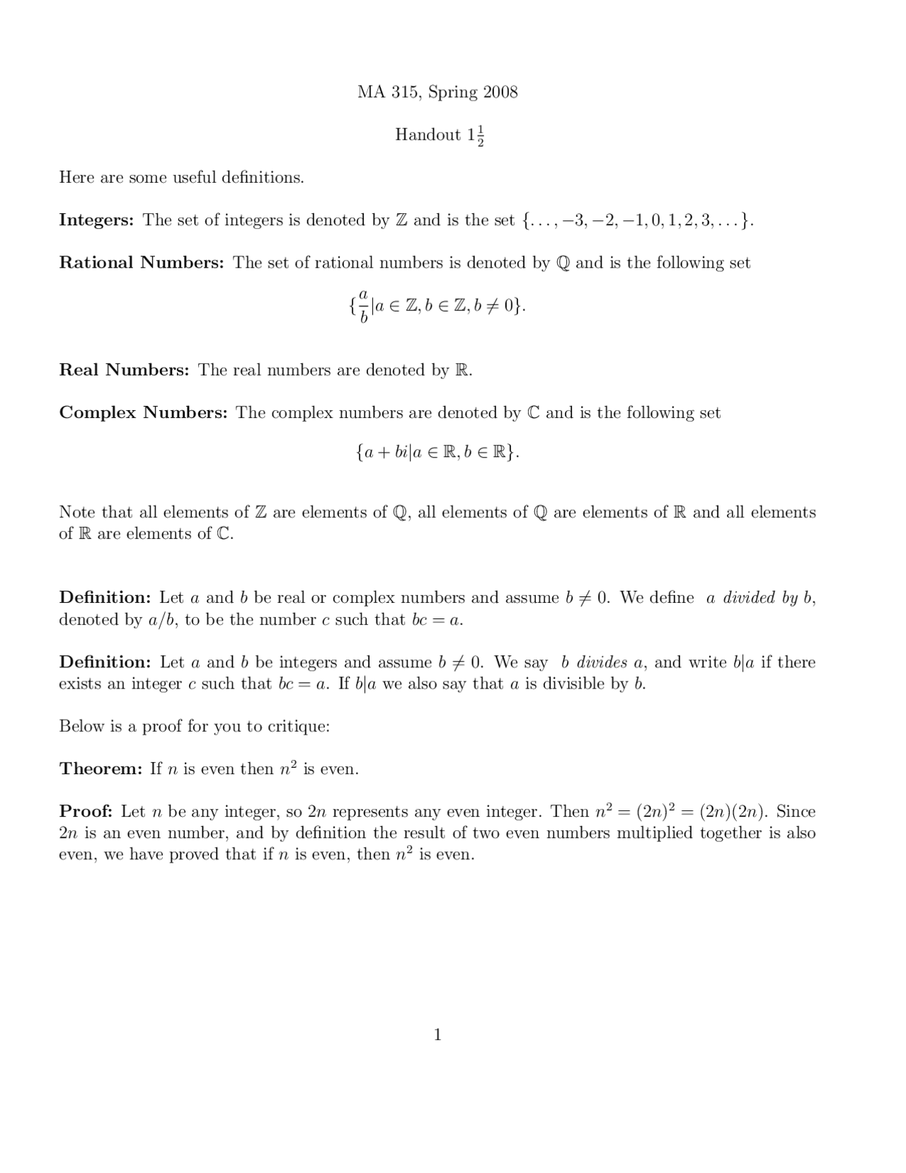 Integers, Rational Numbers, Real Numbers, Complex Numbers | MA 315 - Docsity