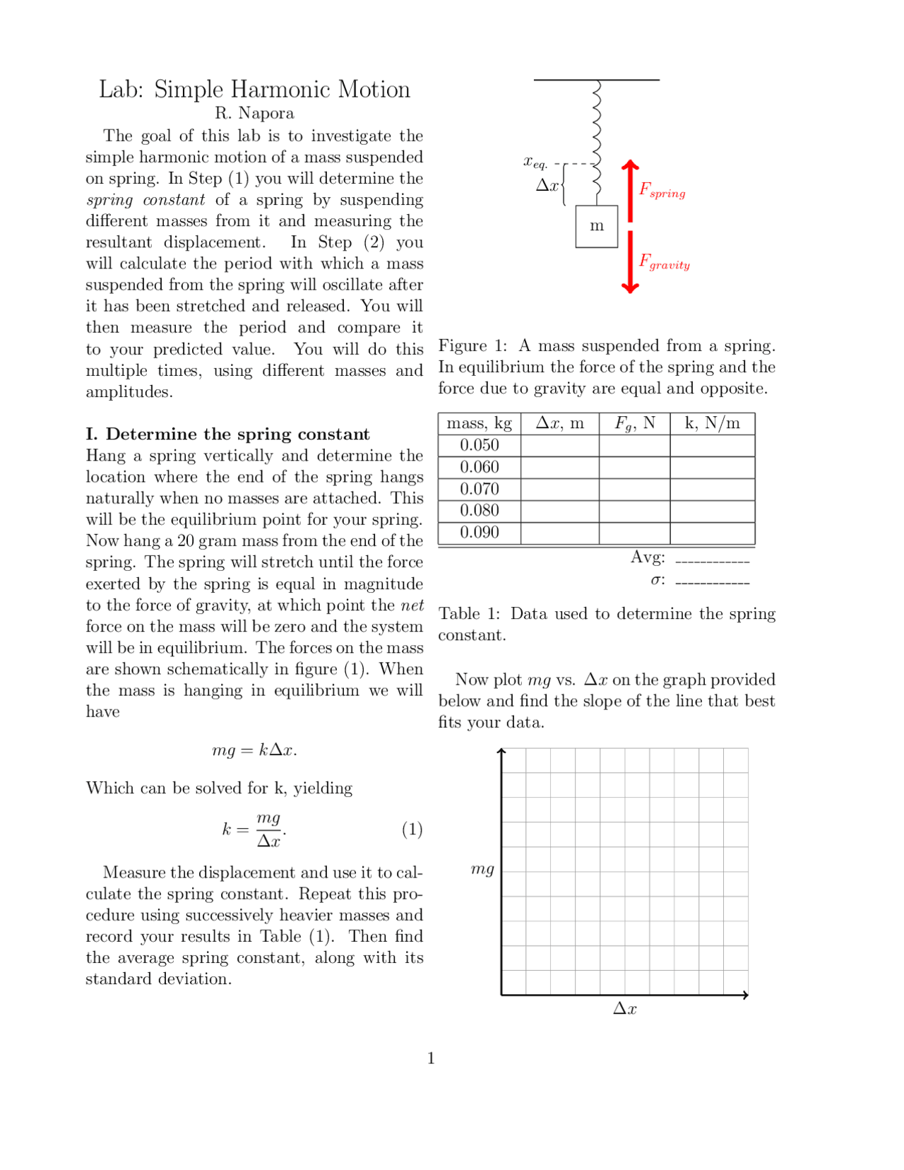 Lab: Simple Harmonic Motion - Mechanics | PHYS 152 - Docsity