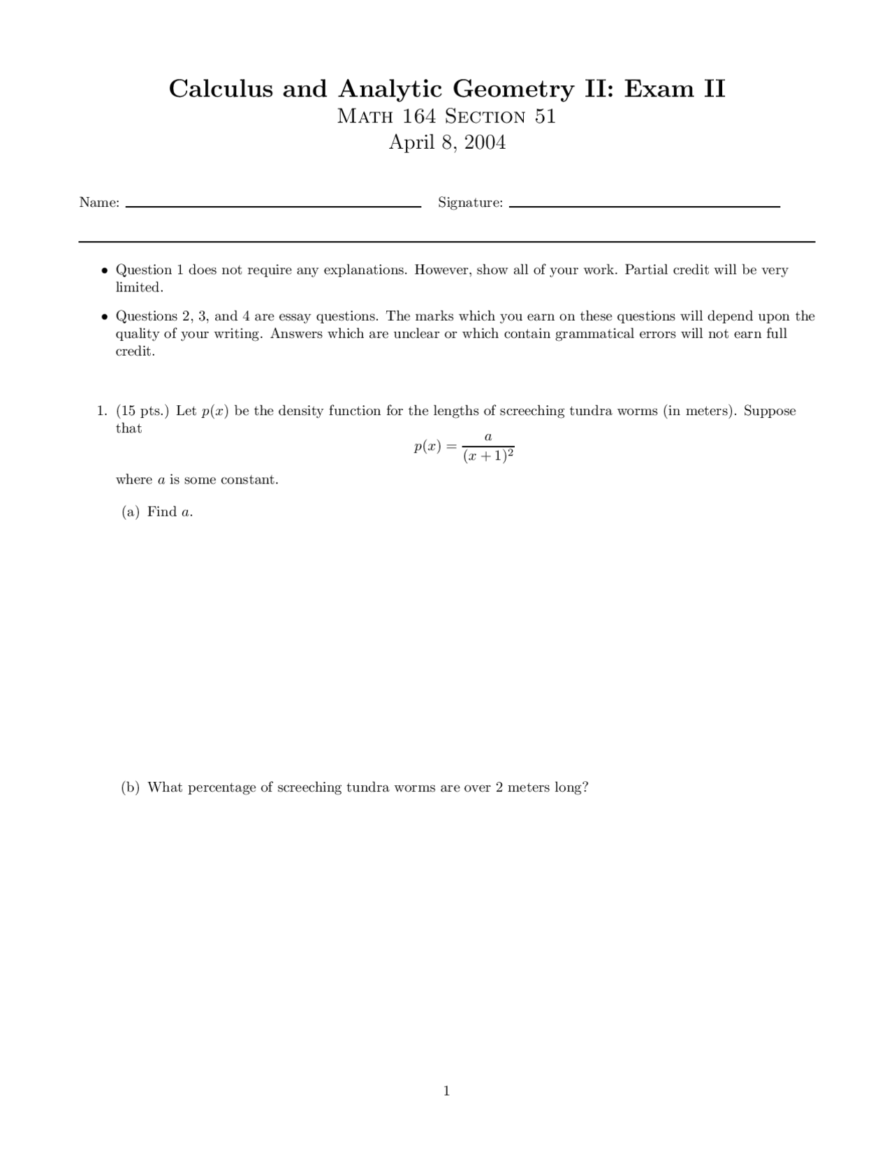 4 Questions Exam 2 Integrated Calculus Analysis Geometry Il Ma 164