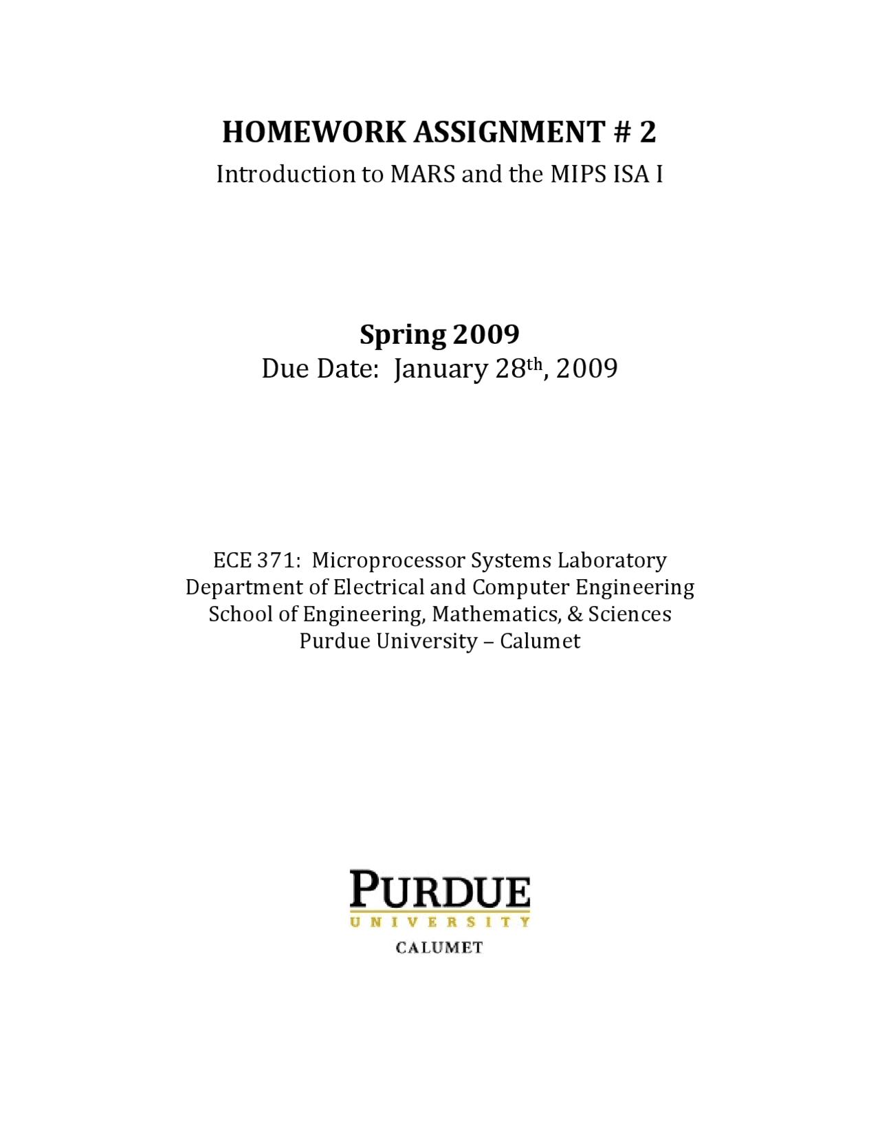 Introduction to MARS and the MIPS ISAI - Homework 2 | ECE 371 - Docsity