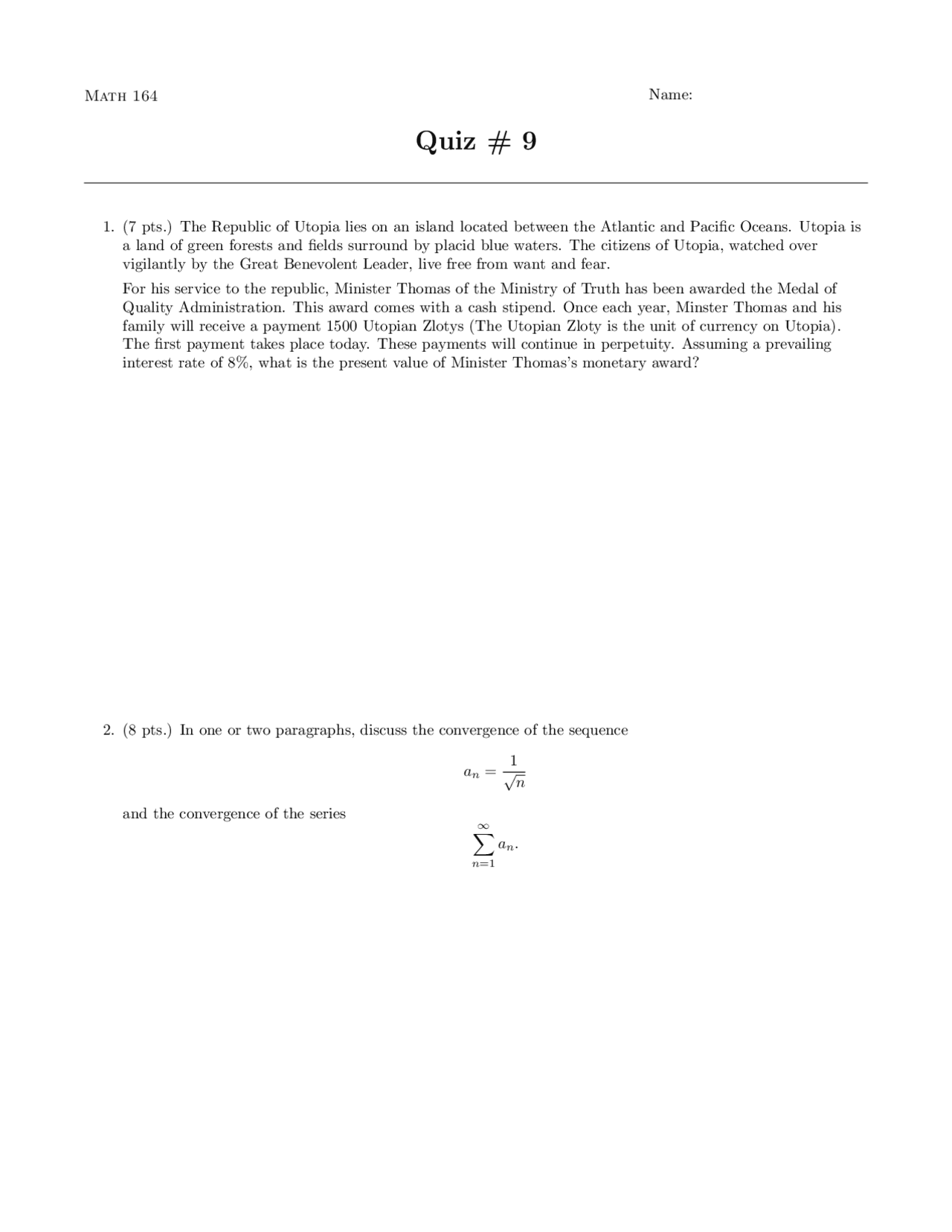 Test 9 Solutions Integrated Calculus Analysis Geometry I Ma 164