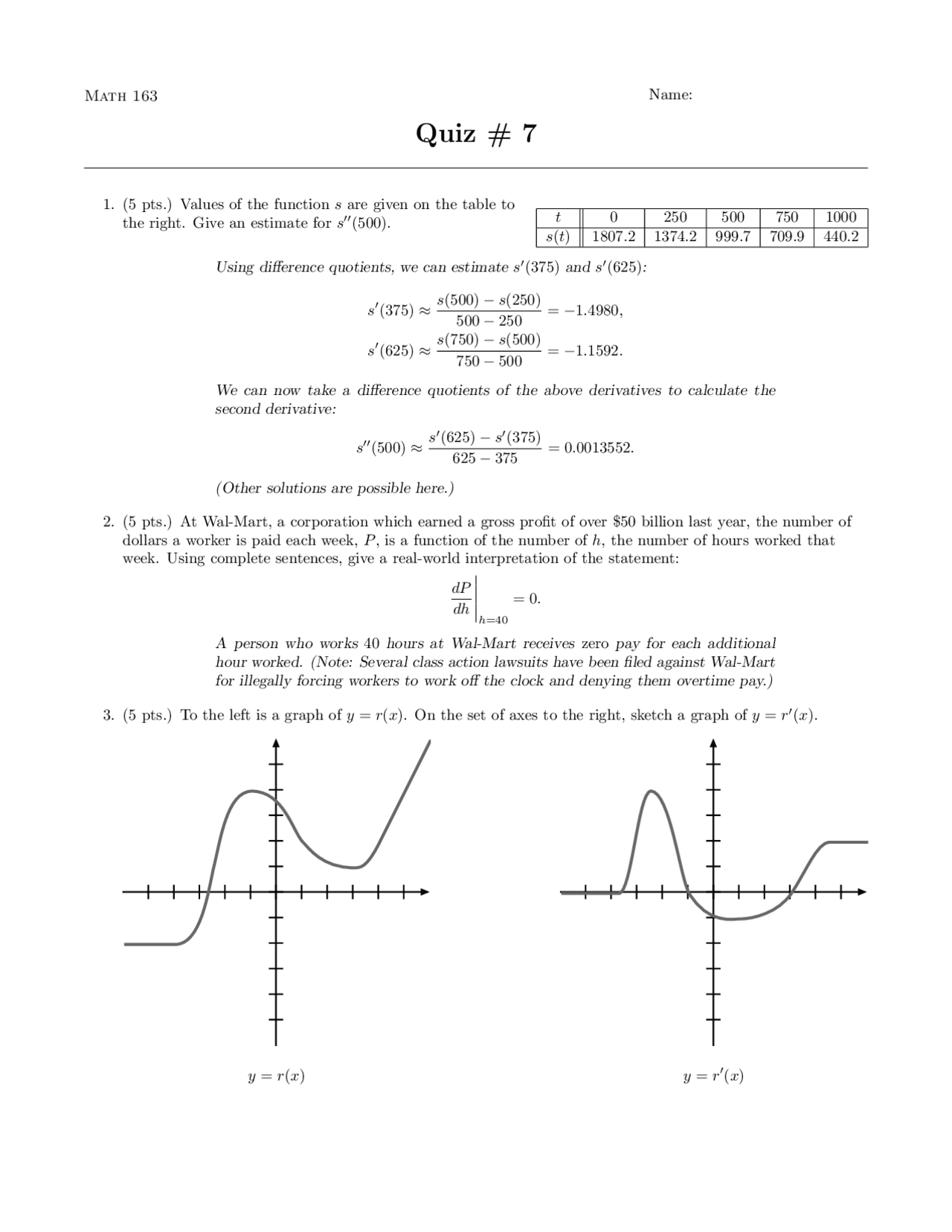 Problems On Integrated Calculus Analysis Geometry I Quiz 7 Ma 163