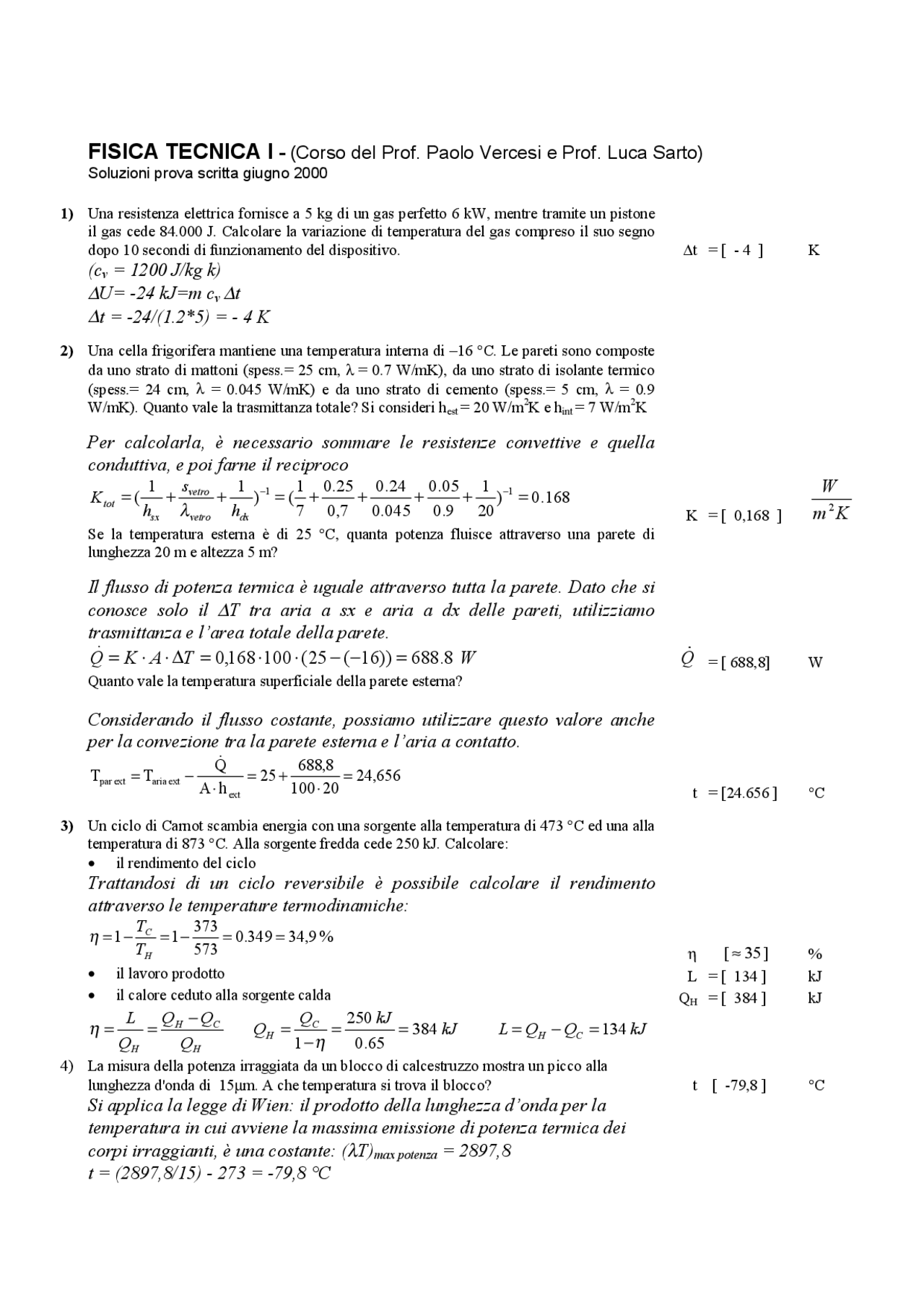 Esame Con Soluzione Del 01 06 2000 Di Fisica Tecnica Docsity