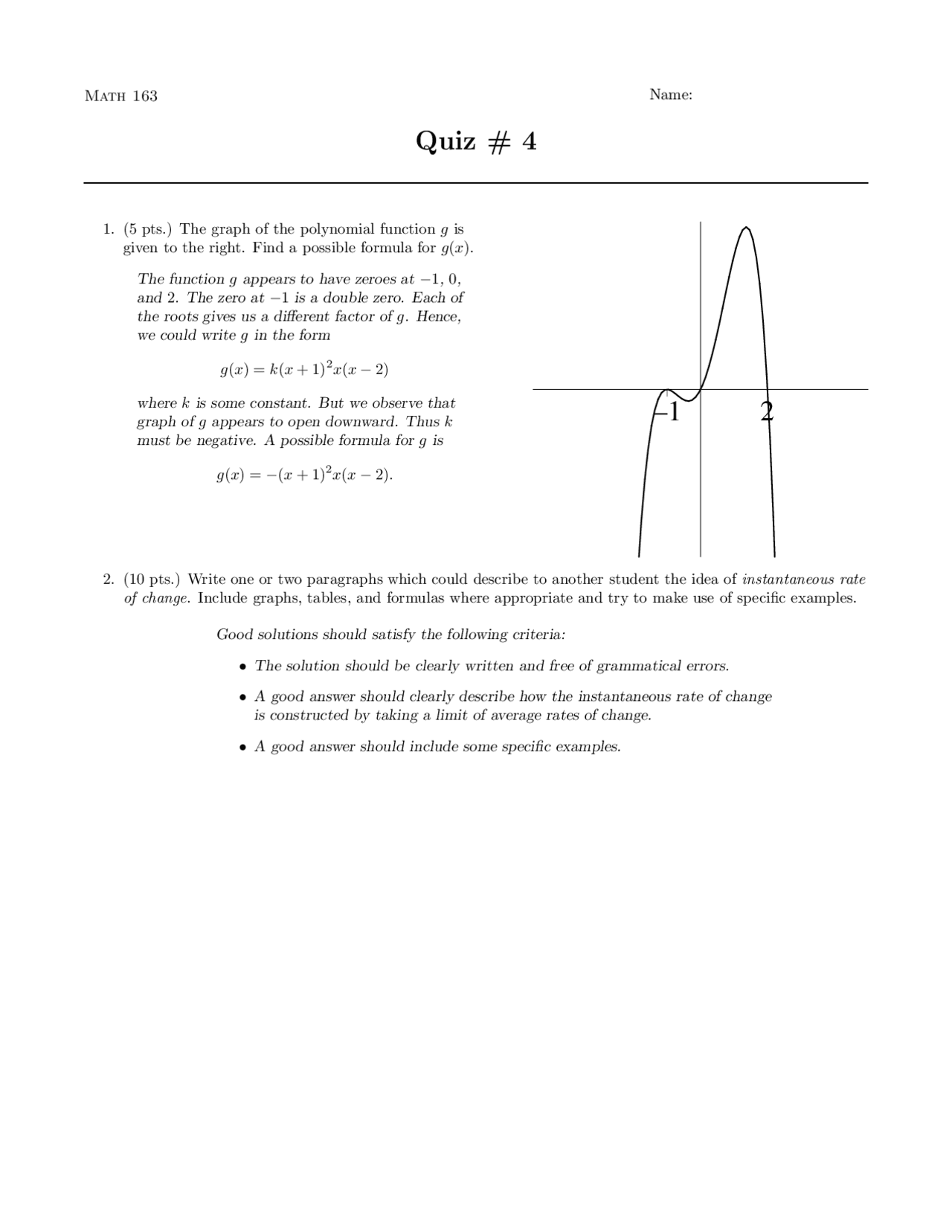 Integrated Calculus Analysis Geometry I Quiz 4 Solutions Ma 163
