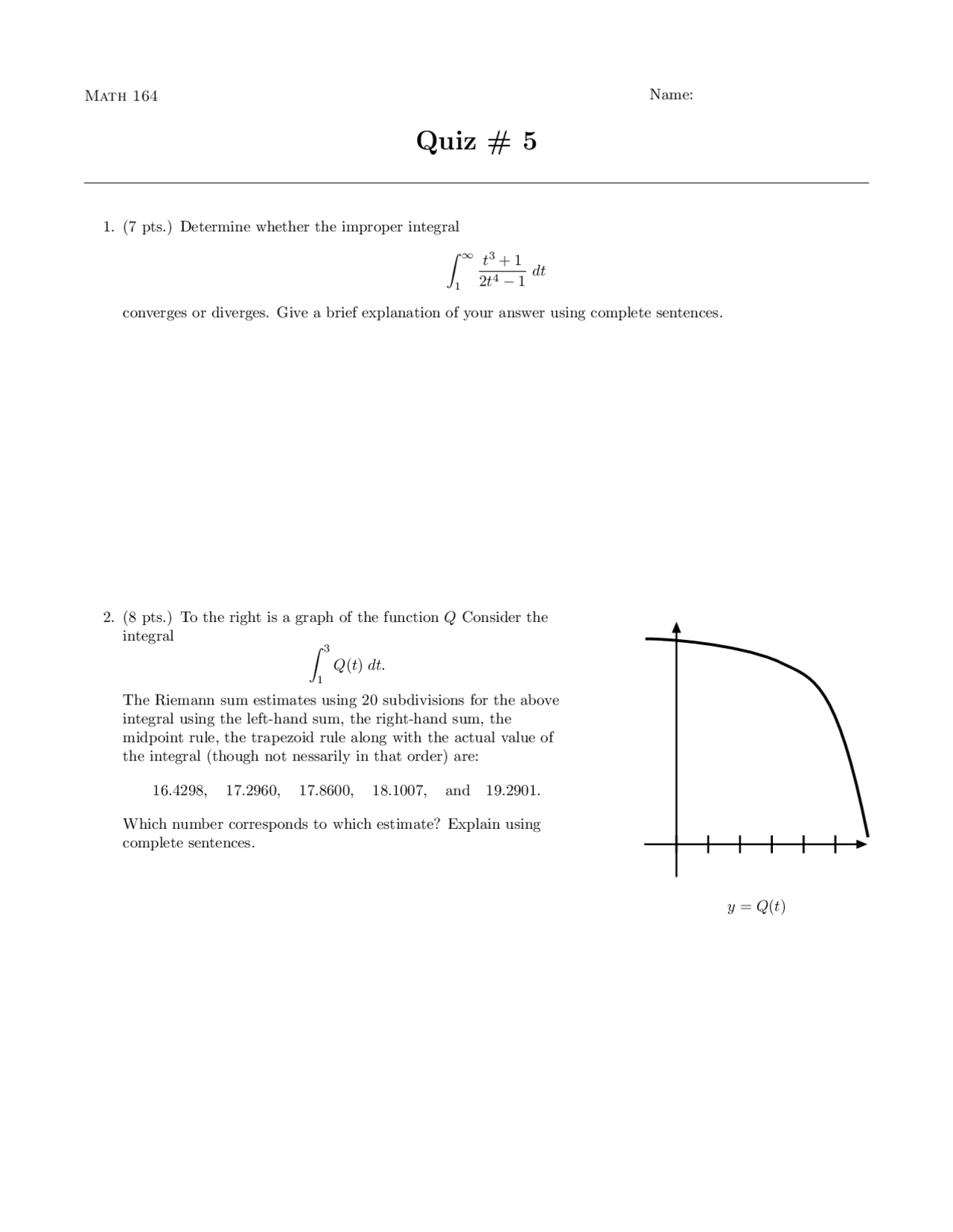 Practice Quiz 5 Integrated Calculus Analysis Geometry I Ma 164