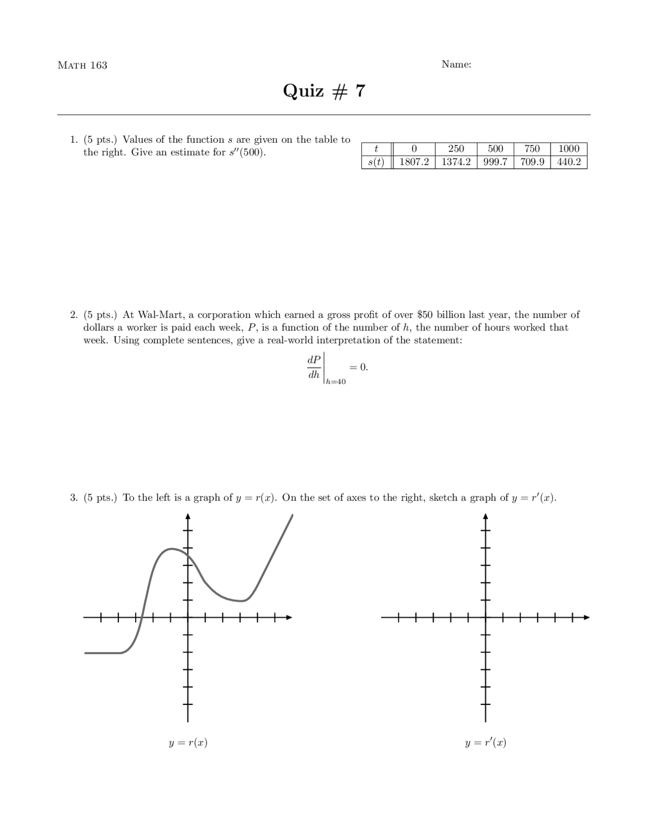 Values Of The Functions Quiz 7 Ma 163 Docsity