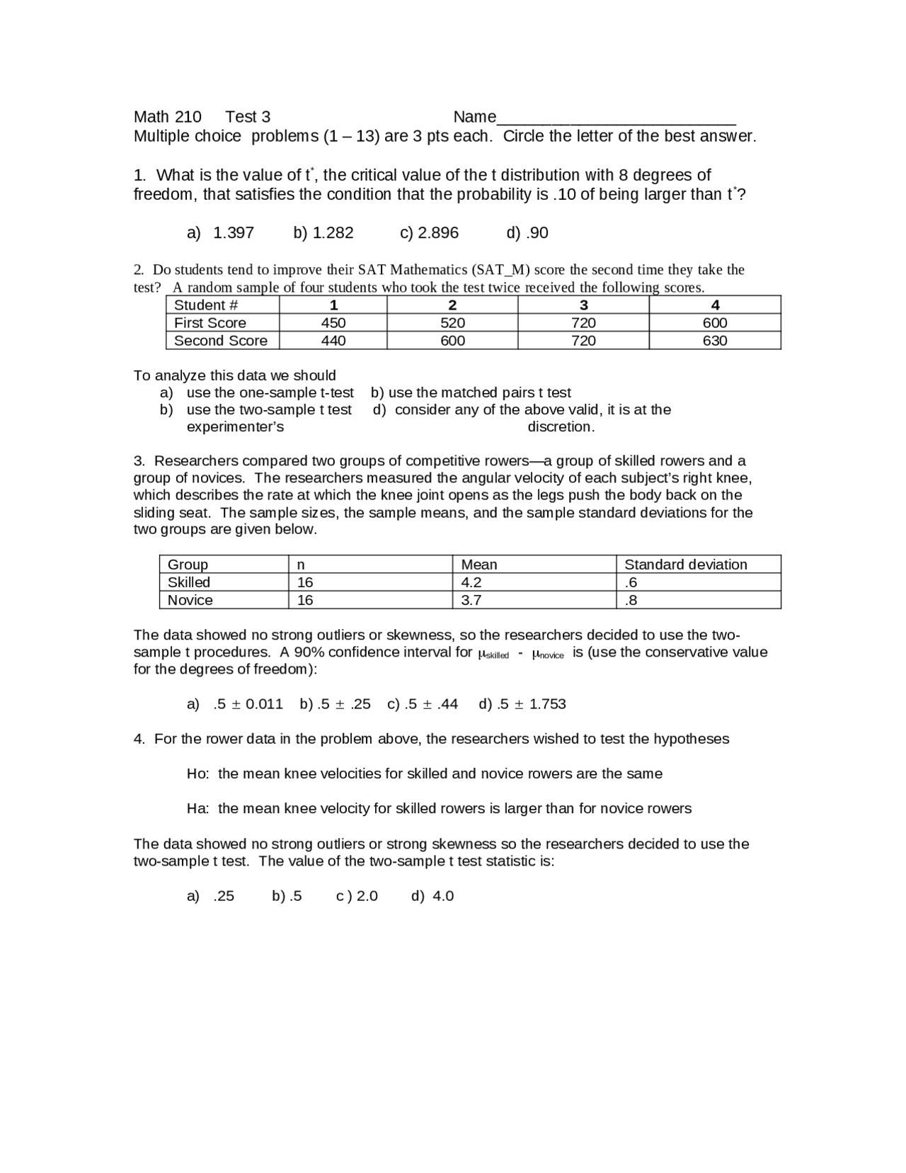 19 Questions For Introductory Statistics Exam Math 210 Docsity