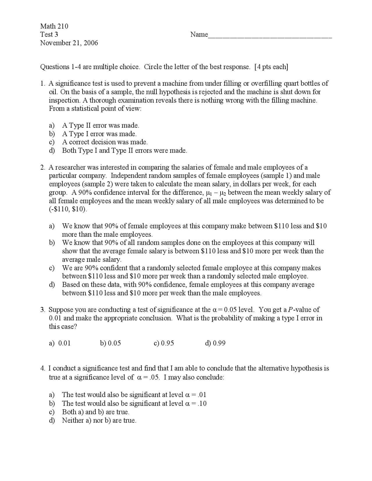 Practice Test 3 On Introductory Statistics Fall 2006 Math 210 Docsity