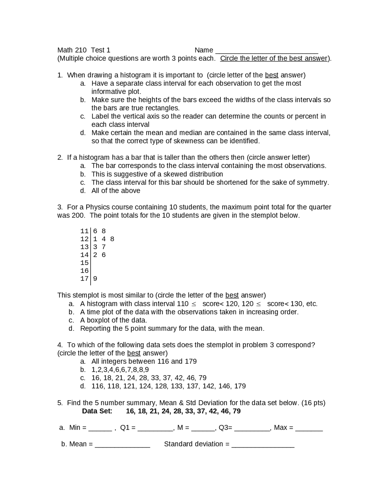 17 Questions Of Introductory Statistics Exam Math 210 Docsity