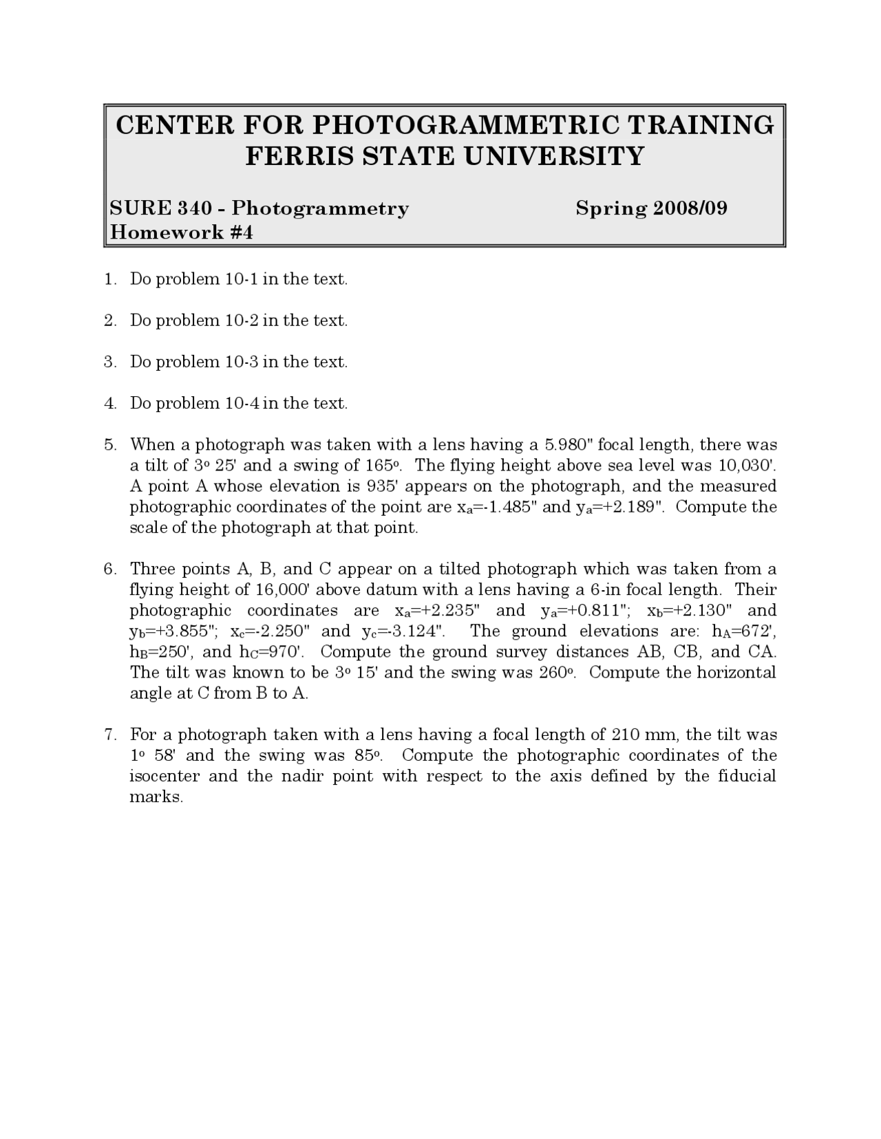 Homework 4 Photogrammetry Spring 2008 Sure 340 Assignments Engineering Docsity