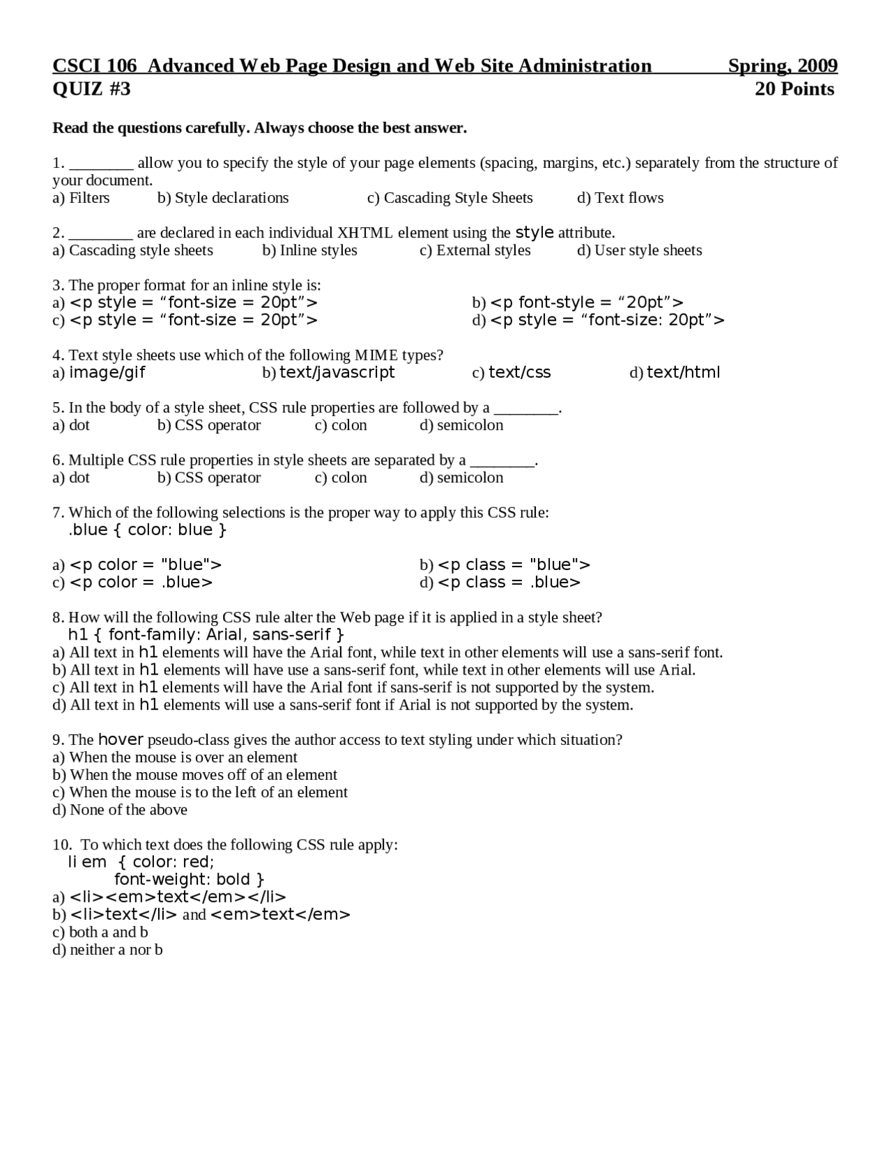 Quiz Iii Mcqs For Web Page Design And Development Csci 106 Docsity