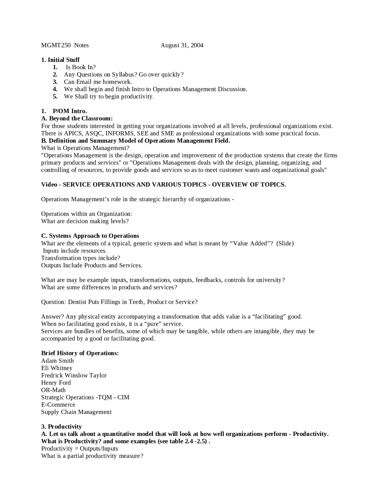 Service Operation And Various Topics Operation Management Mgmt 250
