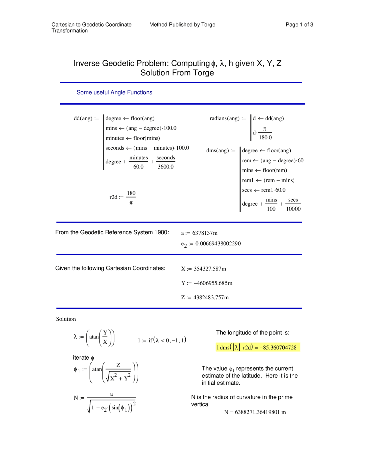 Cartesian To Geodetic Coordinate Transformation Method Sure 452 Docsity