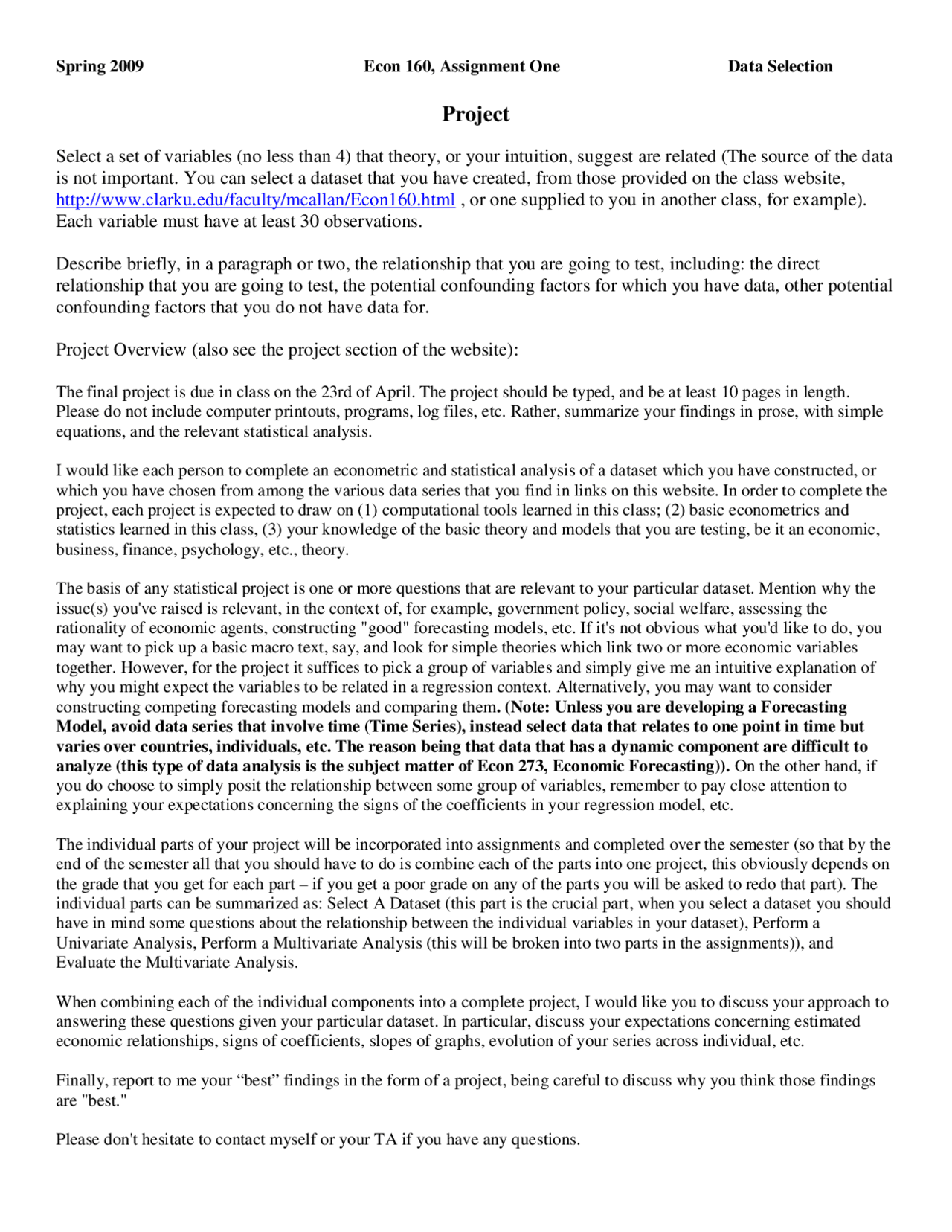 Project Report For Introduction To Statistical Analysis Econ 160