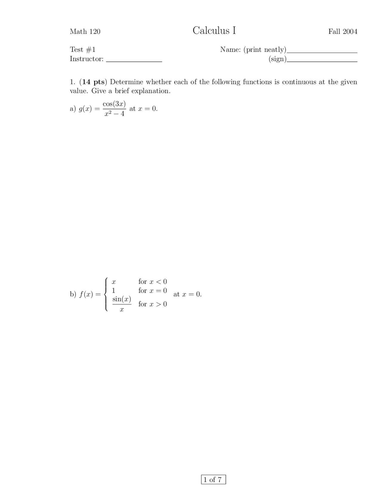 Exam 1 Review Problems - Calculus I | MATH 120 - Docsity