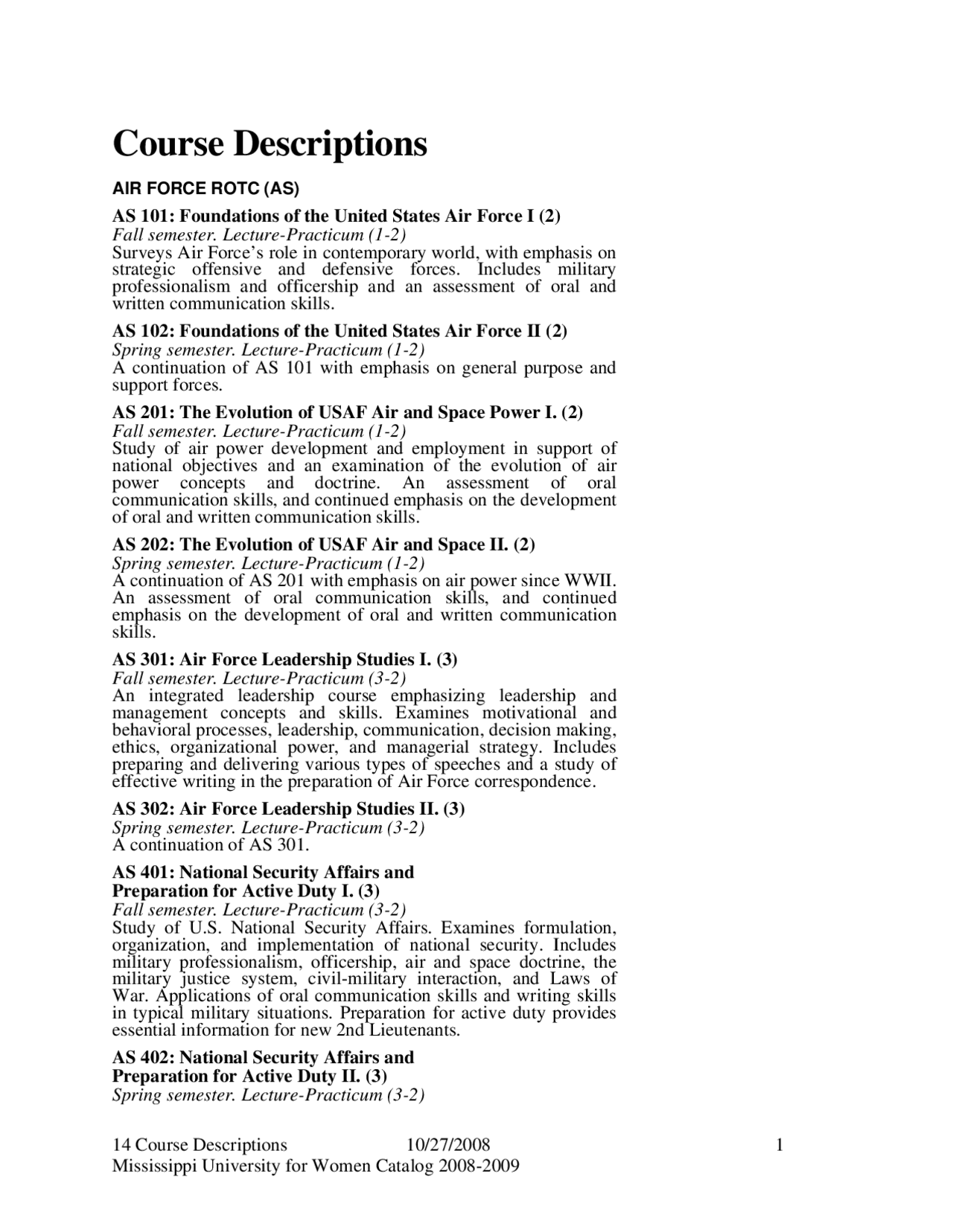 Course Descriptions for Foundations of United States Air Force I | AS ...