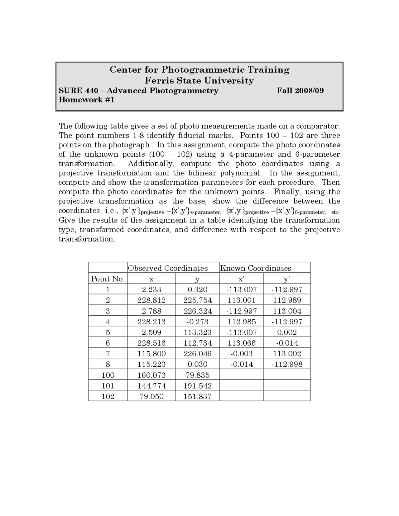 Homework 1 Practice Problem On Advance Photogrammetry Sure 440 Docsity