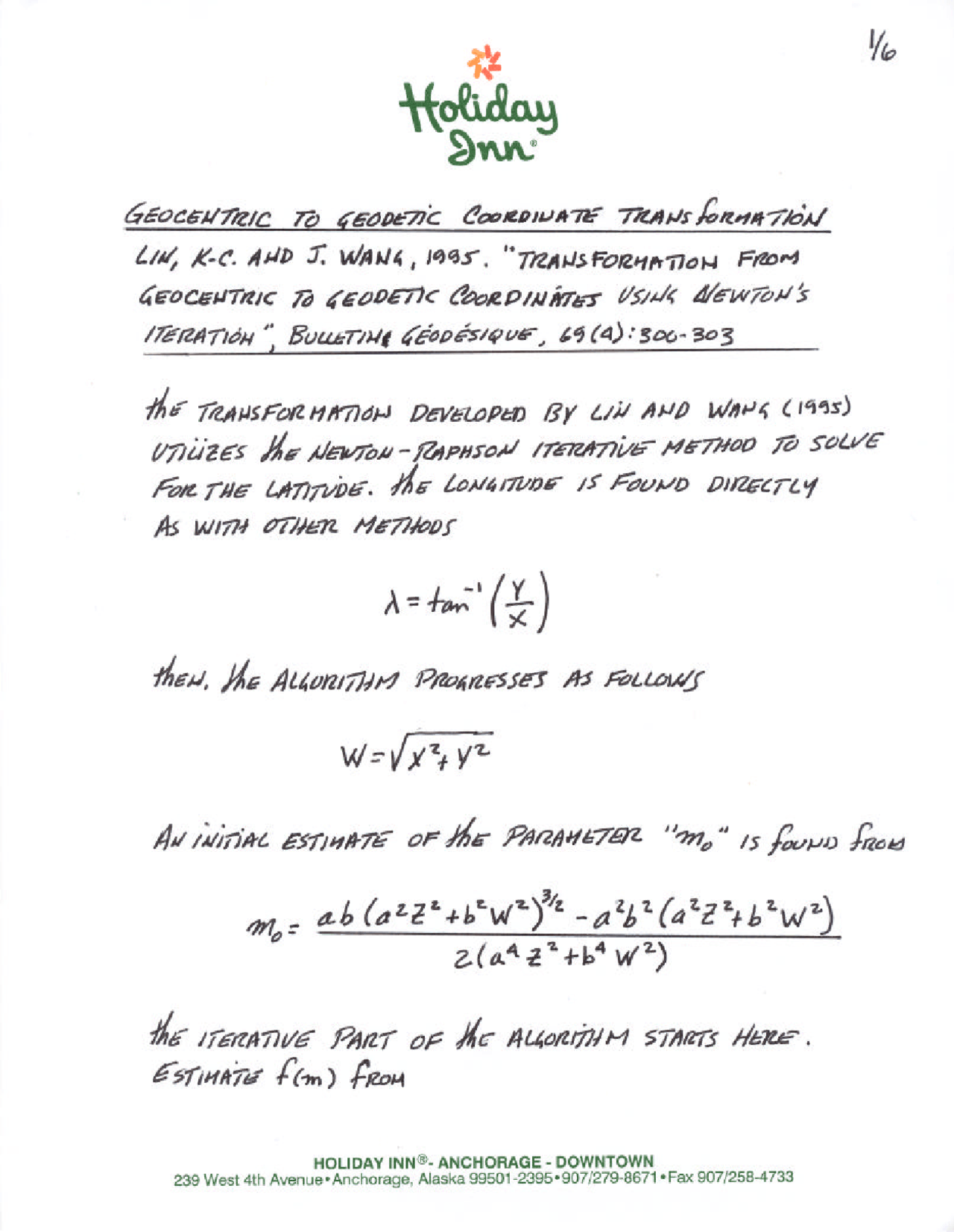 Handwritten Notes On Geocentric To Geodetic Coordinate Transformation