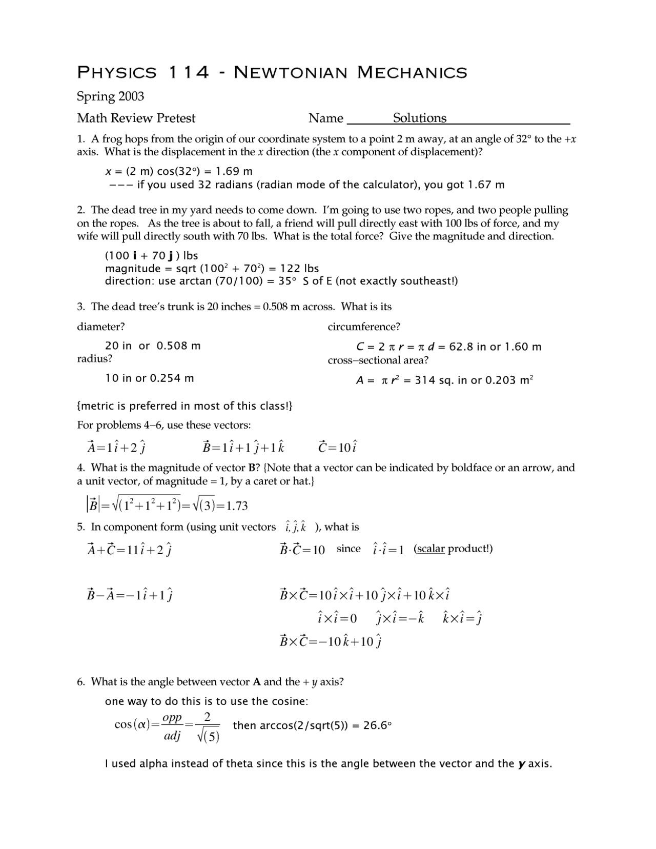 Solved Exam for Newtonian Mechanics | PHYS 114 - Docsity