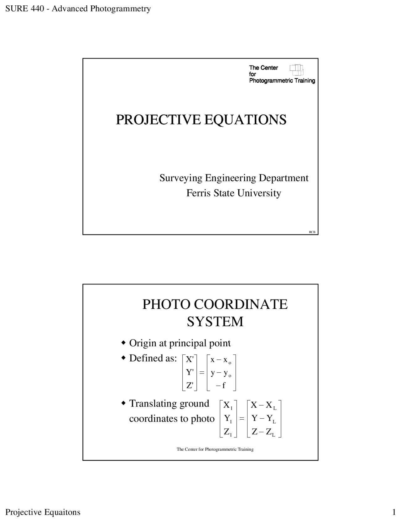 Photo Coordinates System, Direction Cosines - Lecture Slides | SURE 440 ...