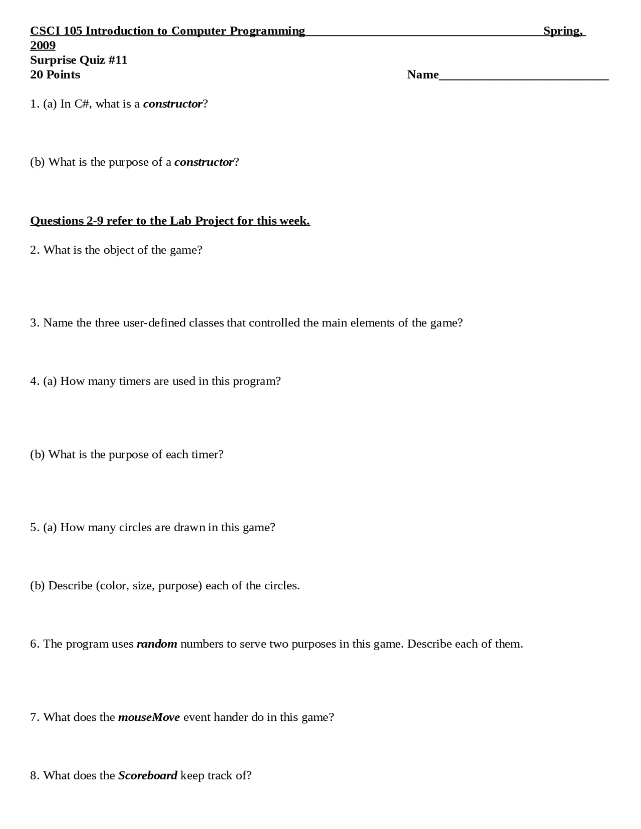 Quiz I - Introduction to Computer Programming | CSCI 105 - Docsity