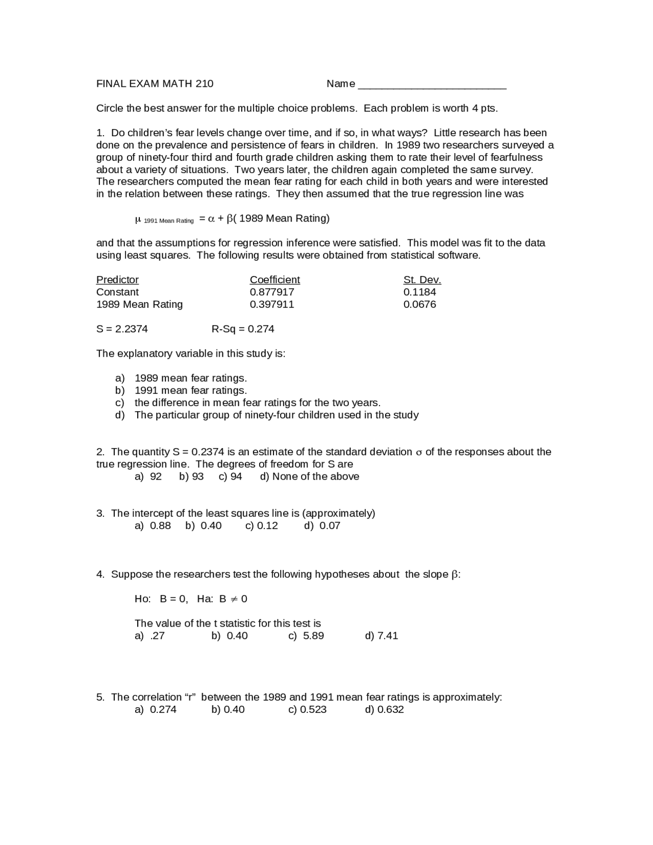30 Problems on Introductory Statistics - Final Exam | MATH 210 - Docsity