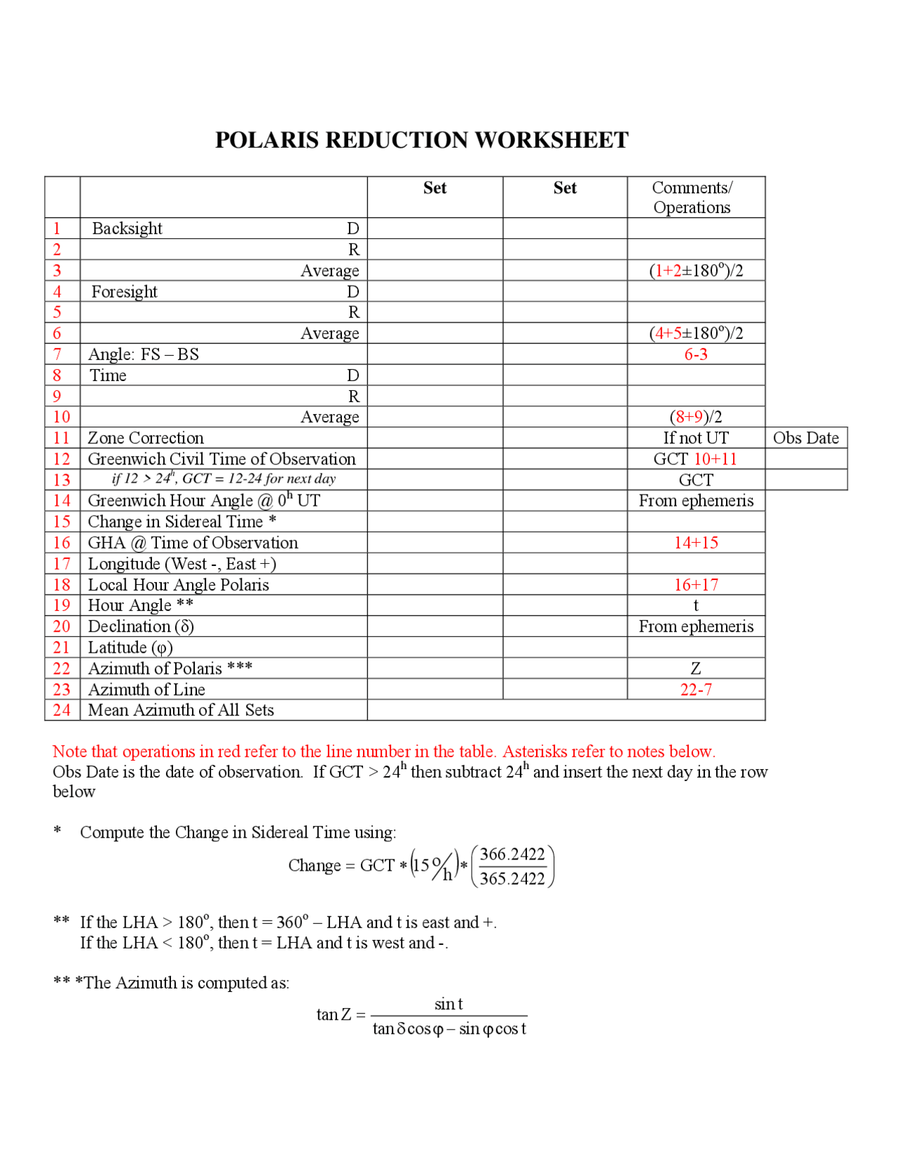Polaris Reduction Worksheet - Surveying Computation | SURE 215 - Docsity