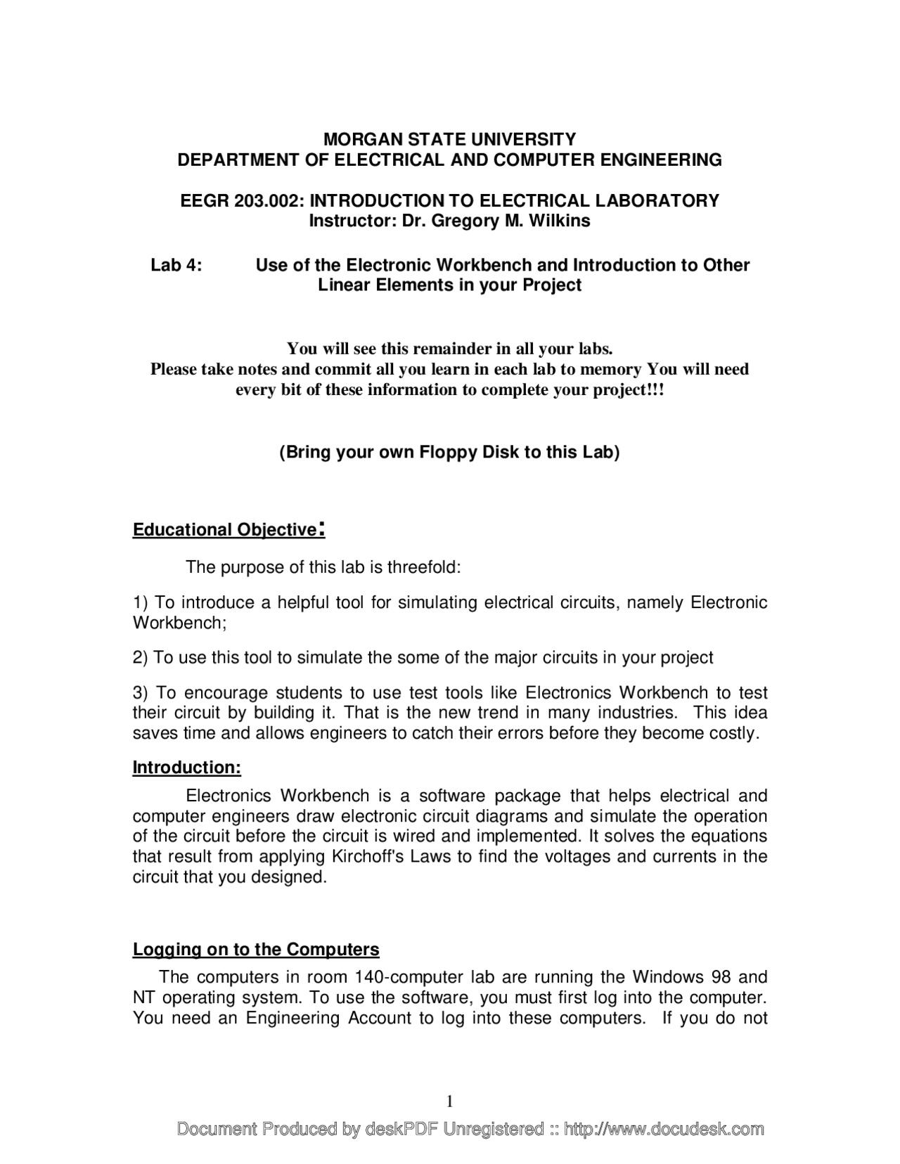 Introduction To Electrical Laboratory Lab 4 Eegr 203 Docsity