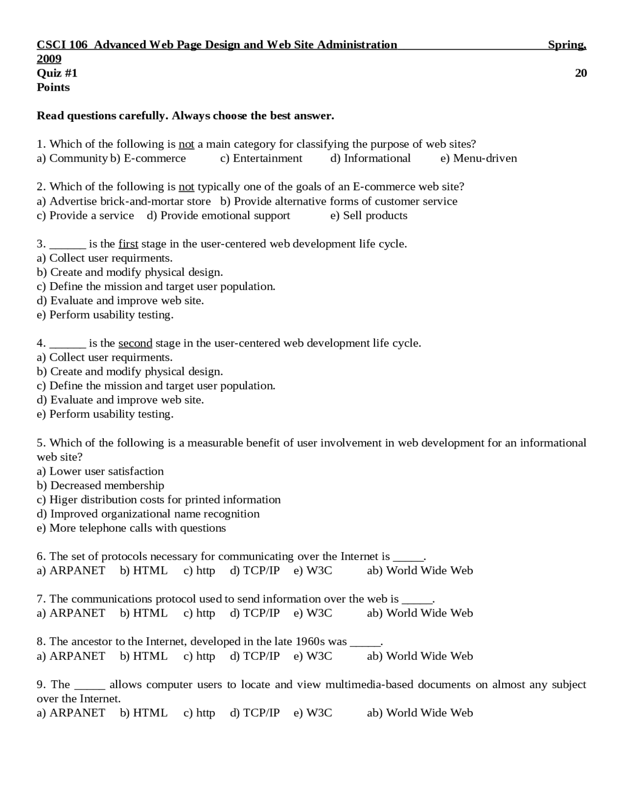 Quiz 1 Practice Questions Web Page Design And Development Csci 106