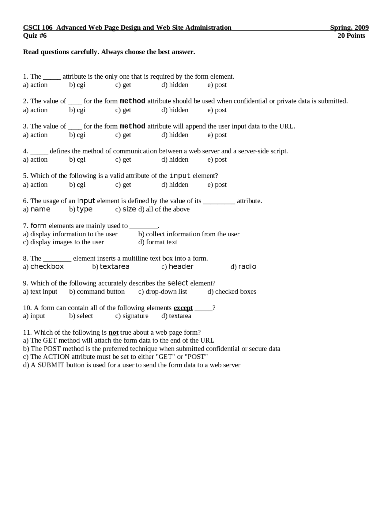 Quiz #6 for CSCI 106 - Advanced Web Page Design and Web Site ...
