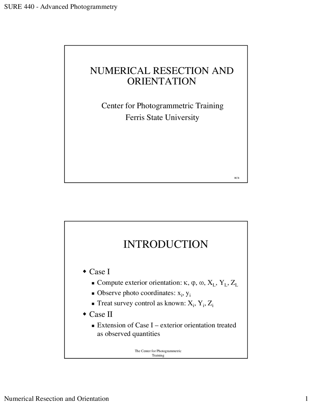 Numerical Resection and Orientation - Lecture Slides | SURE 440 - Docsity