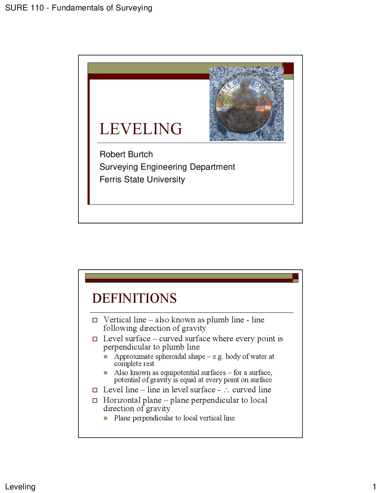 Leveling Lecture Slides Fundamentals Of Surveying Sure 110 Docsity