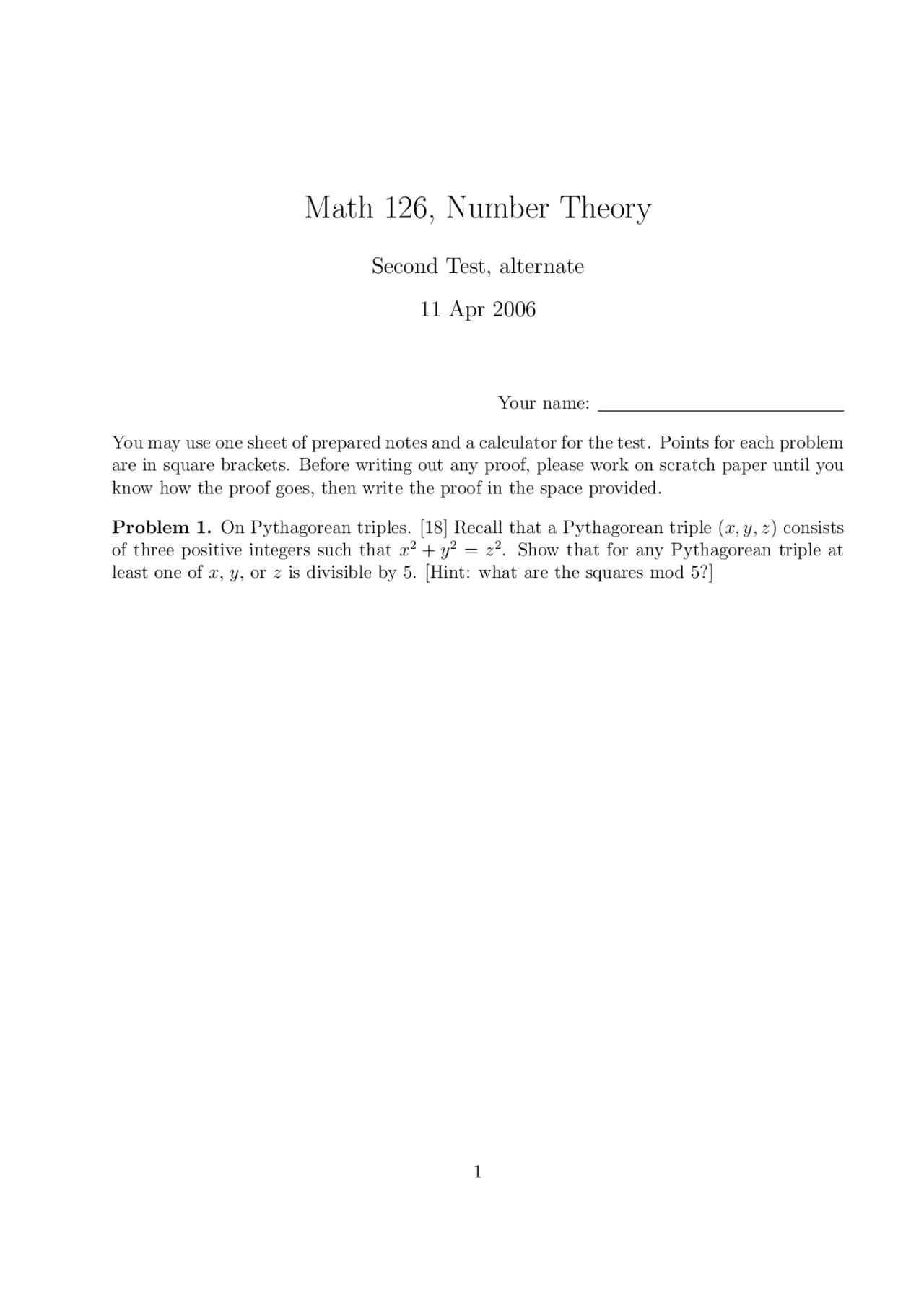 6 Problems On Number Theory Test 2 Math 126 Docsity