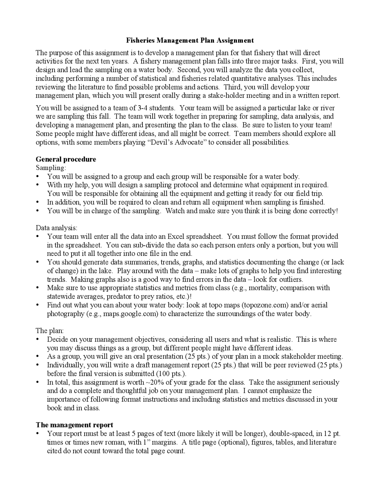 Fisheries Management Plan - Assignment | BIOL 432 - Docsity