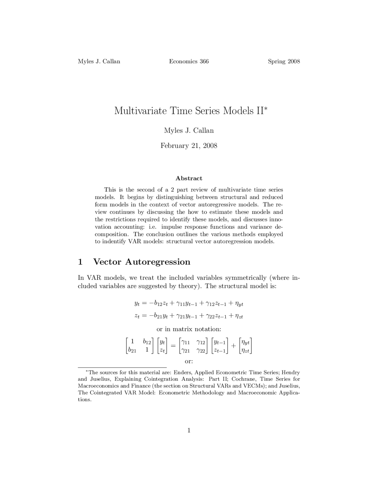 Multivariate Time Series Models Ii Applied Econometrics Econ 366