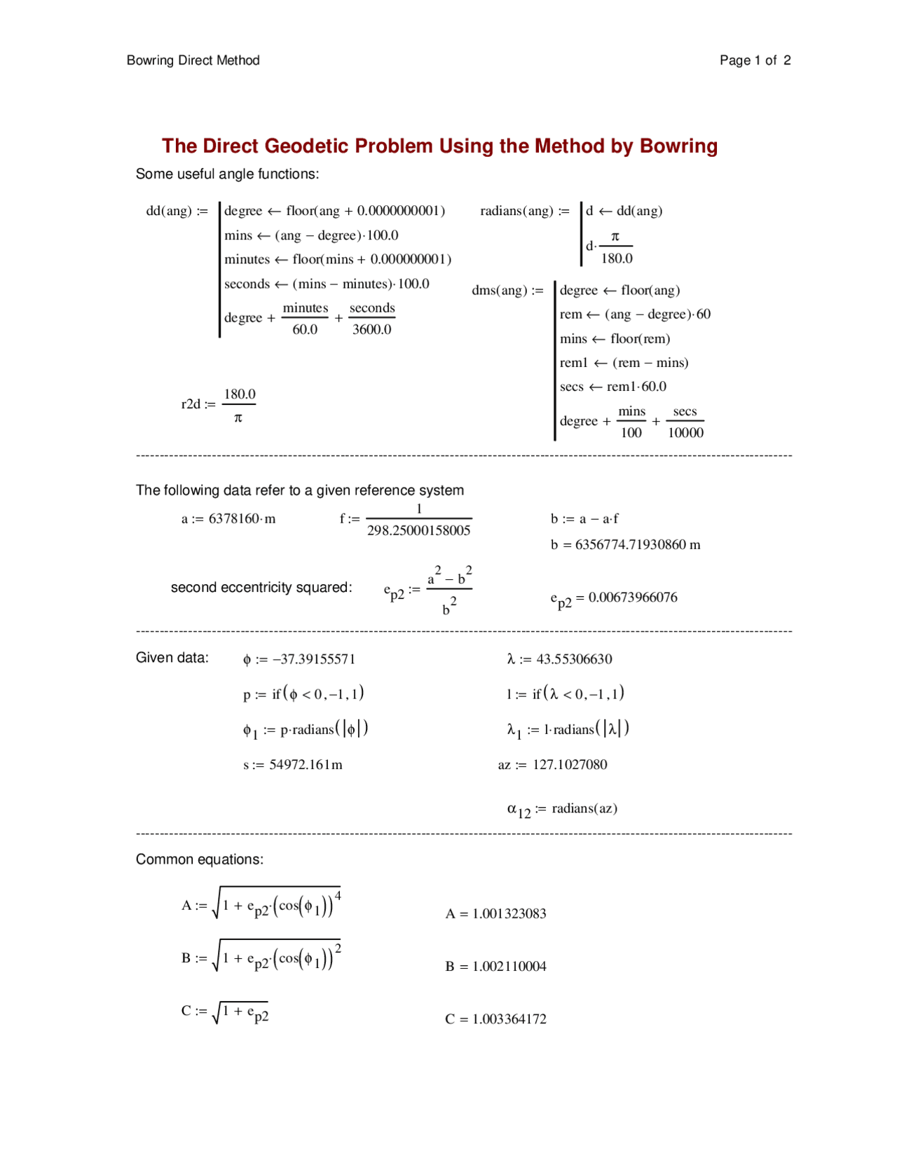 Direct Geodetic Problem Using The Method By Bowring Sure 452 Docsity