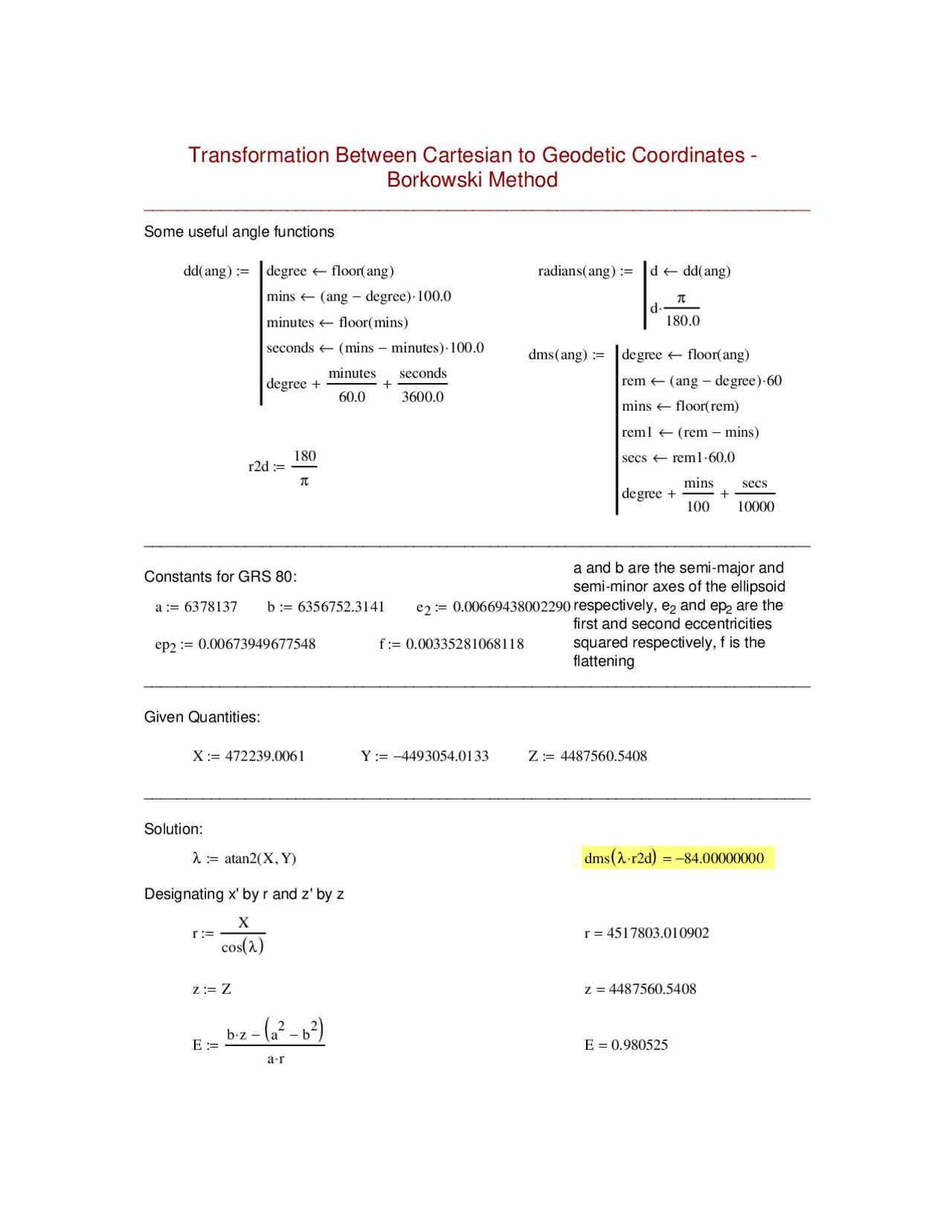 Transformation Between Cartesian Coordinates Borkowski Method Sure
