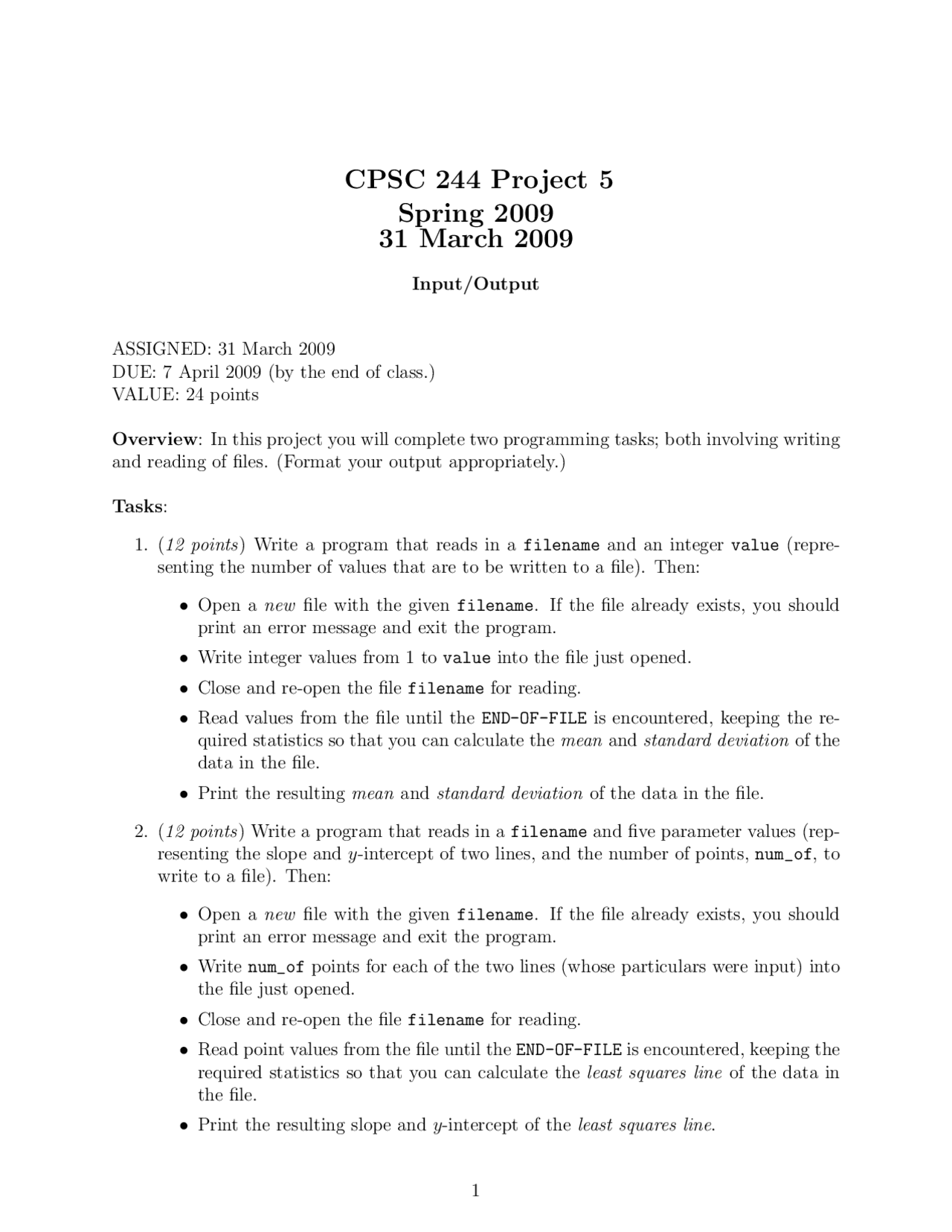 Overview Of Programming Tasks Inputoutput Cpsc 244 Docsity