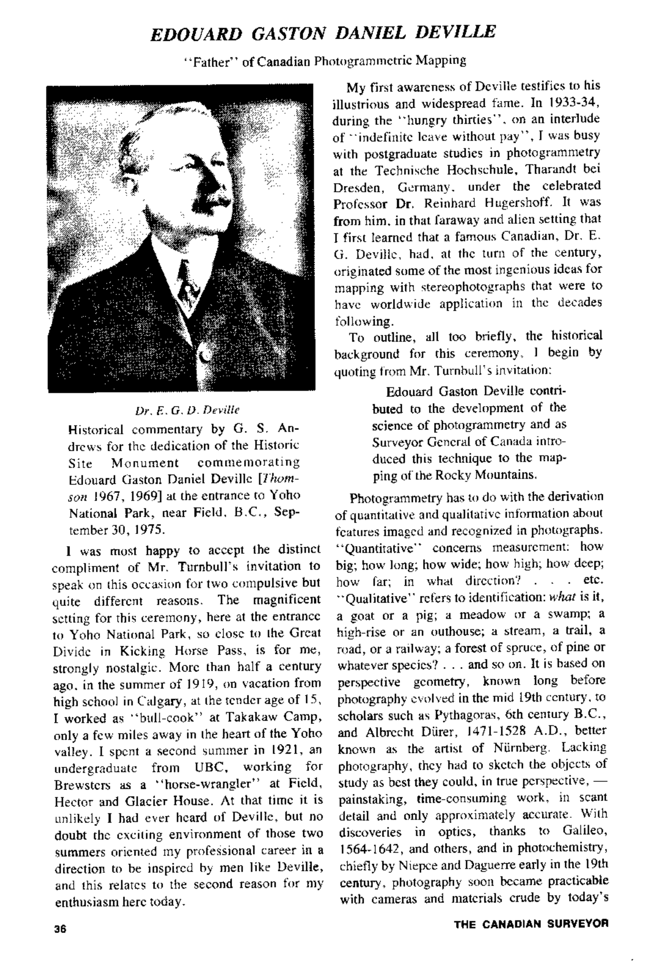 EDOUARD GASTON DANIEL DEVILLE ‘Father’ of Canadian Photogrammetric ...